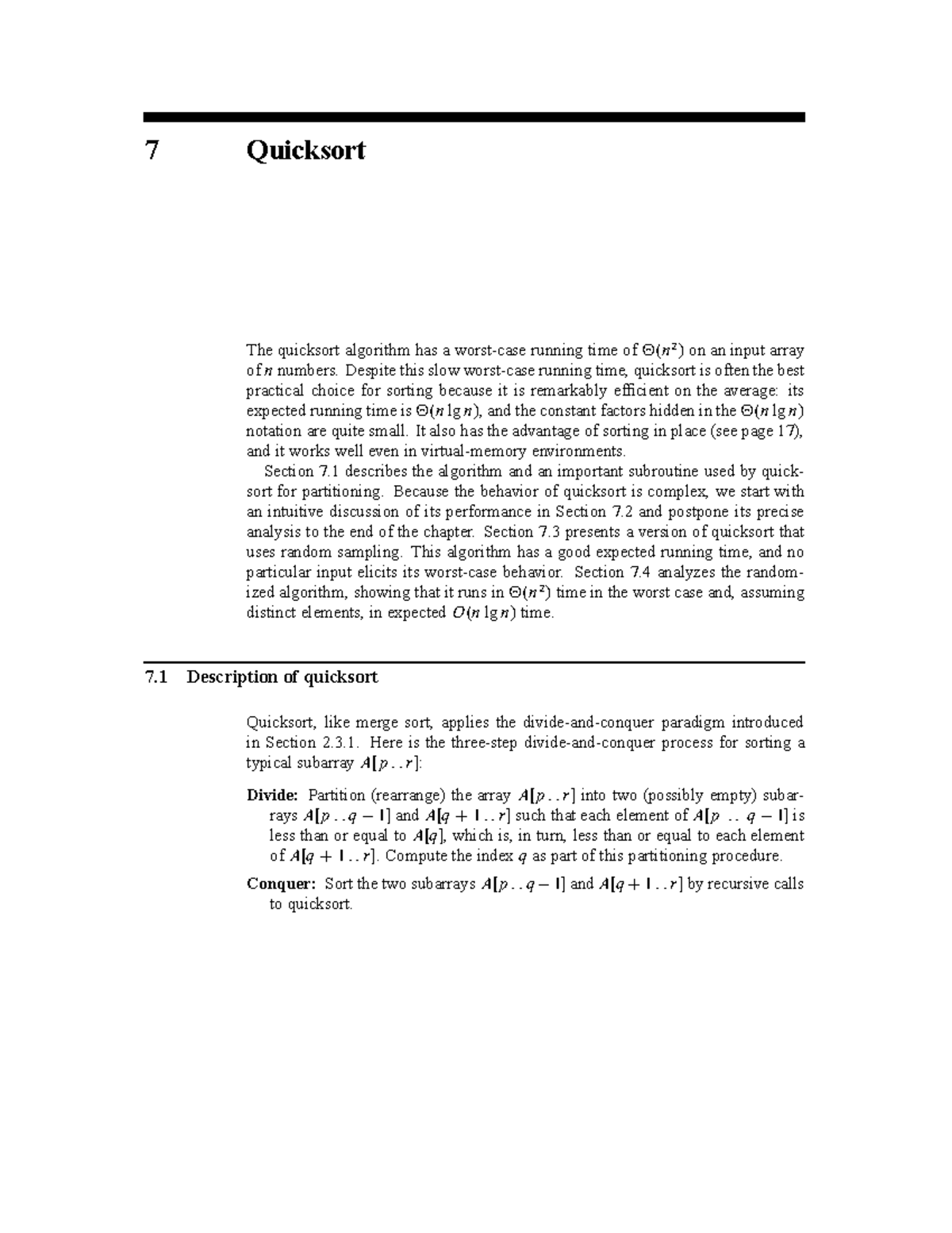 10 Ch 7 Quicksort Algorithms And Their Analysis 7 Quicksort The Quicksort Algorithm Has A