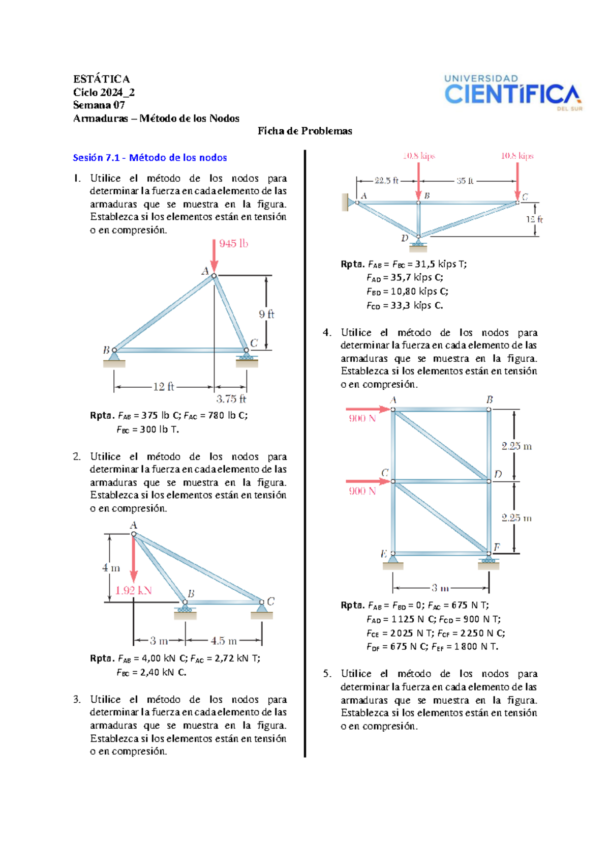 Semana 7 - Método de los Nodos PROB PROP 2024-2 - ESTÁTICA Ciclo 202 4 _ 2 Semana 0 7 Armaduras ...