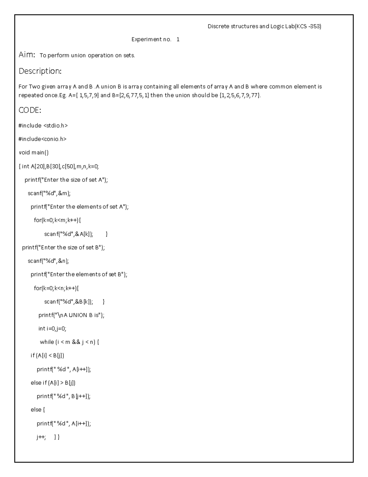 DSTL Lab - lecture notes - Experiment no. 1 Aim: To perform union ...