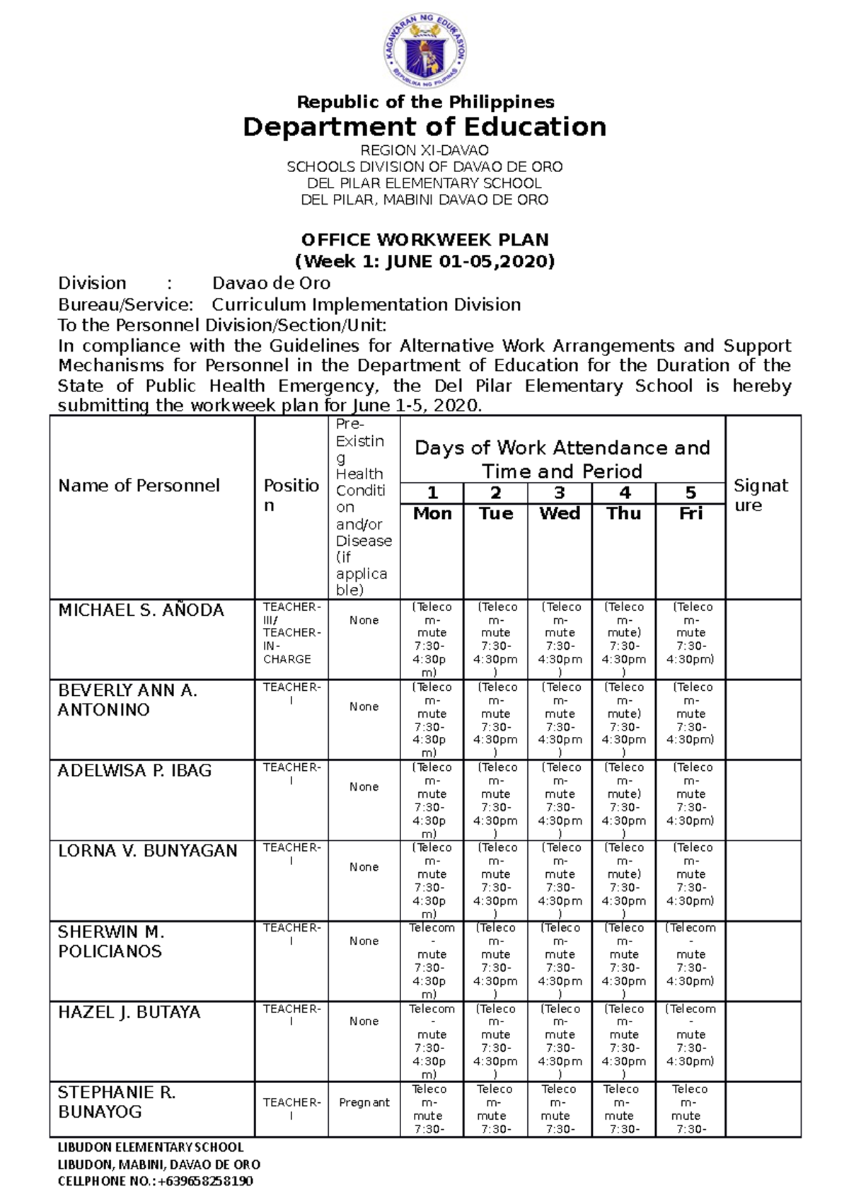 Workweek PLAN 1 - Republic of the Philippines Department of Education ...
