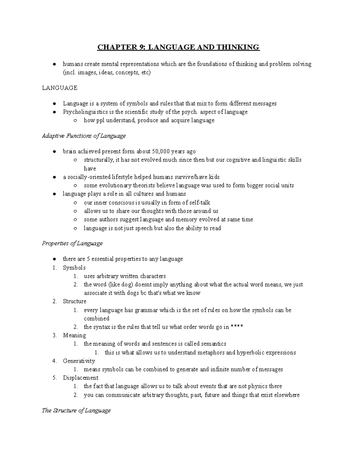 Psych 1003B Final Notes - CHAPTER 9: LANGUAGE AND THINKING humans ...
