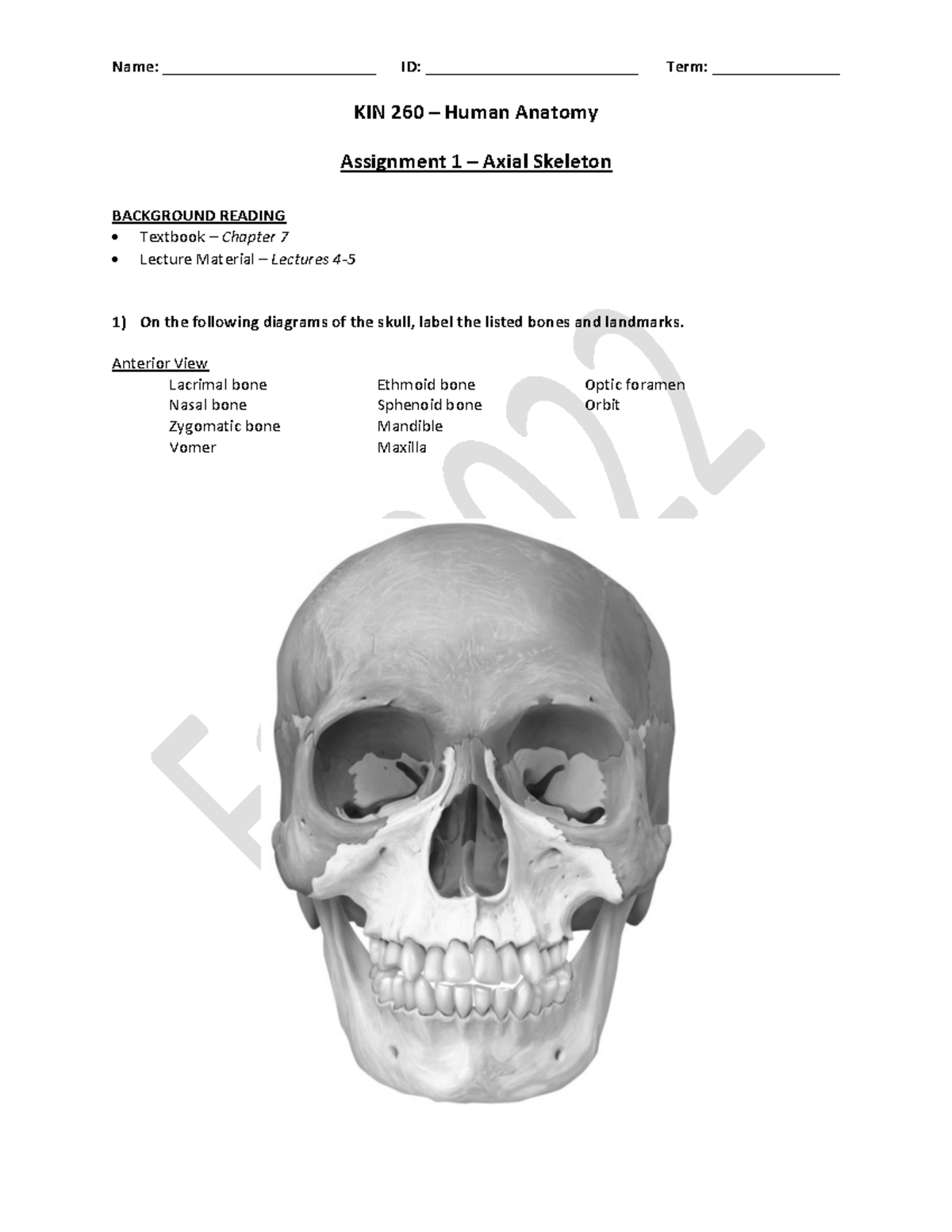 Assignment-1-1 - ANATOMY - Name: _________________________ ID ...