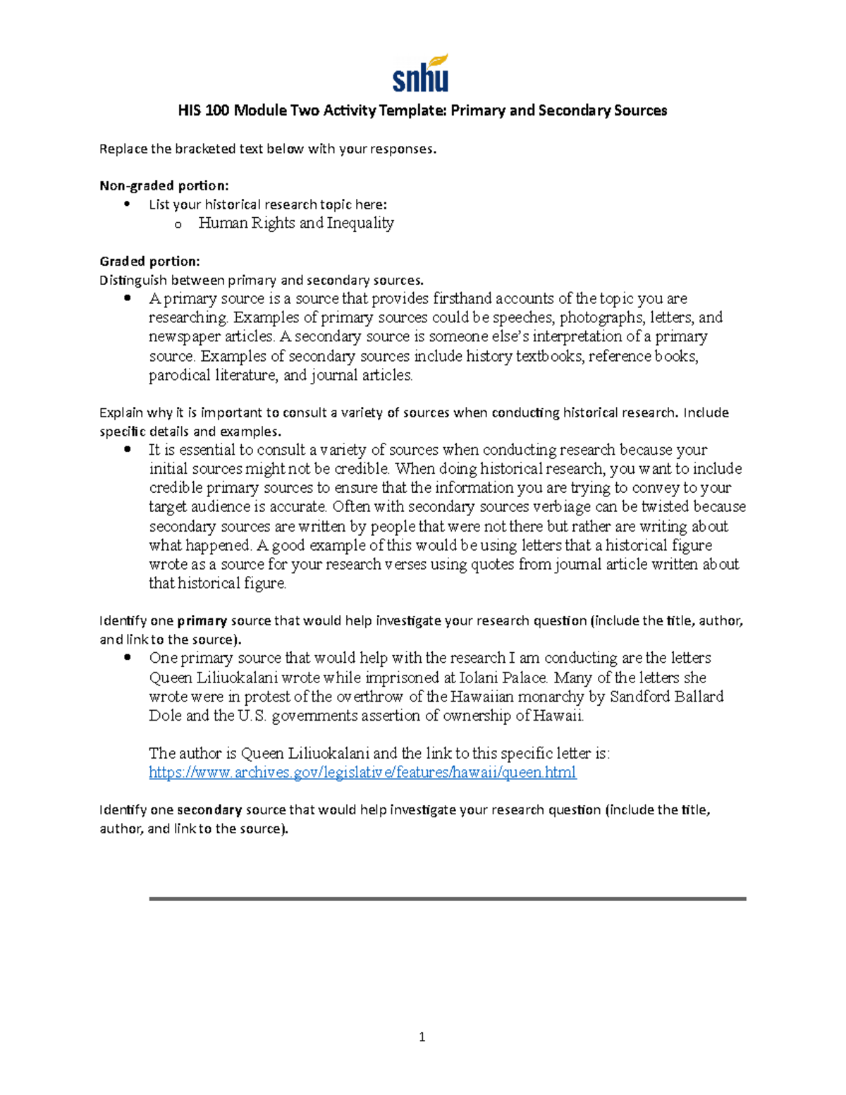 Module 2-2 - 2-2 - HIS 100 Module Two Activity Template: Primary and ...