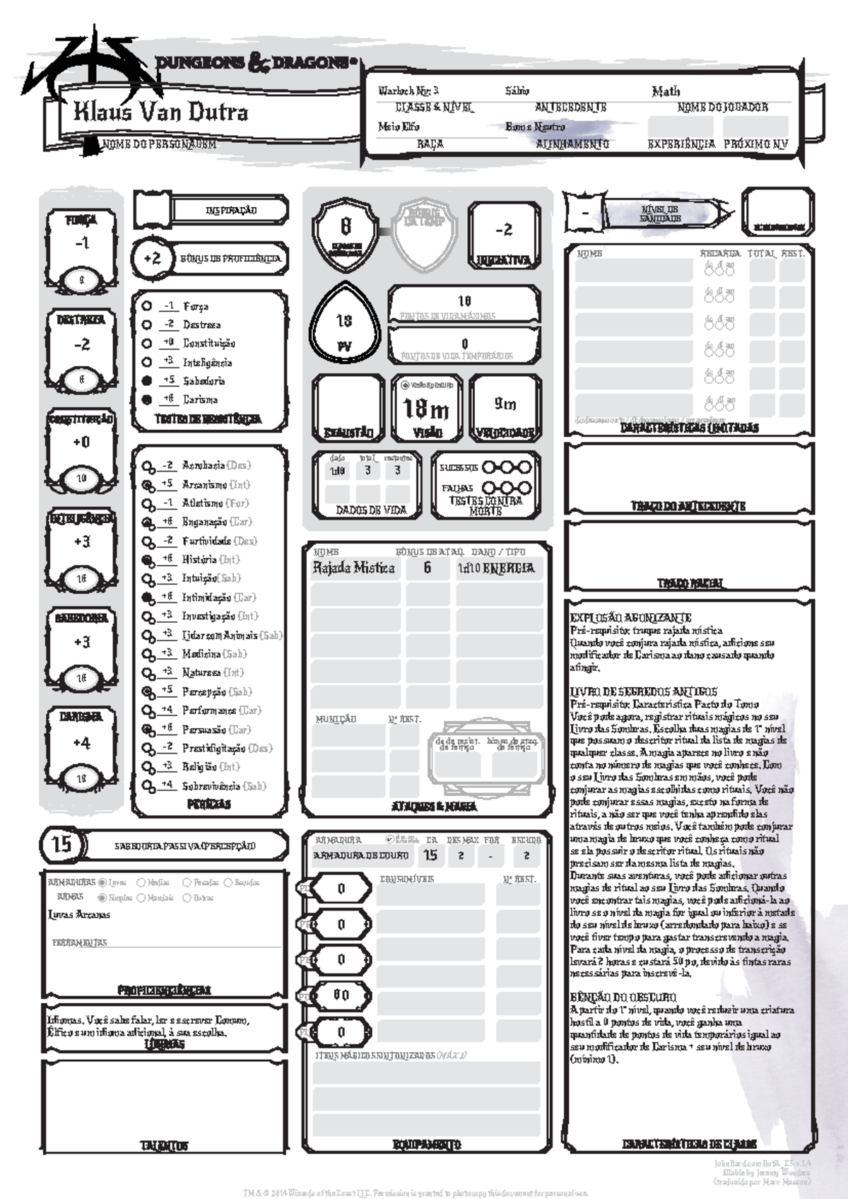 Klaus Van Dutra - Ficha D&D5e - TM & © 2014 Wizards of the Coast LLC. Permission is granted to ...