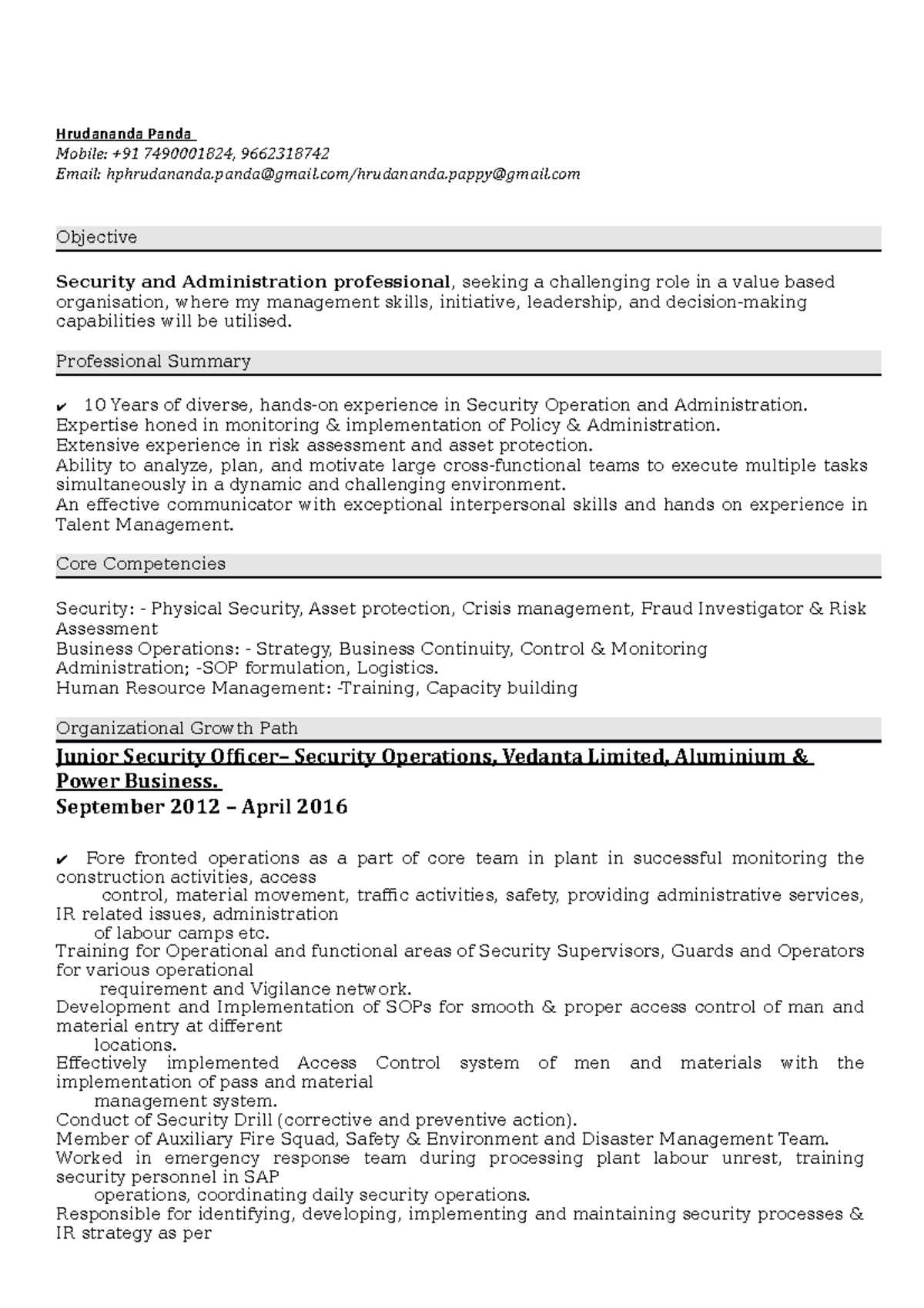 Hrudananda Panda-Resume - Hrudananda Panda Mobile: +91 7490001824 ...