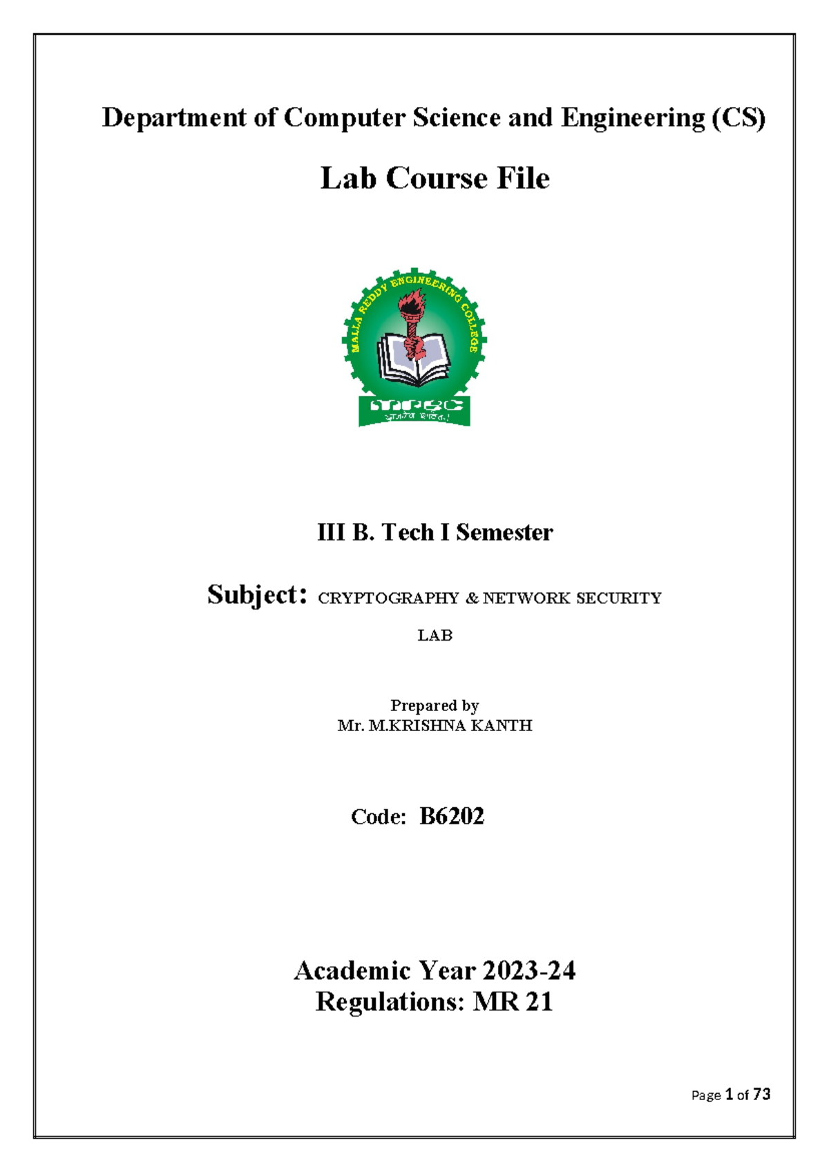 CNS Labmanual 2024 - cns lab - Department of Computer Science and Engineering (CS) Lab Course ...