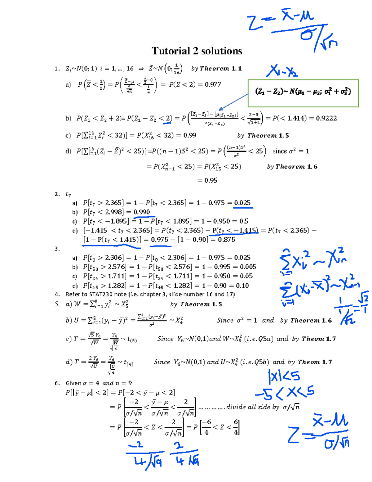 Tutorial 2 solutions - Tutorial 2 solutions 1. 𝑍𝑖𝑁(0; 1) 𝑖 = 1, ... , 16 ⇒ 𝑍̅𝑁 (0; 1 16 ) 𝑏𝑦 ...