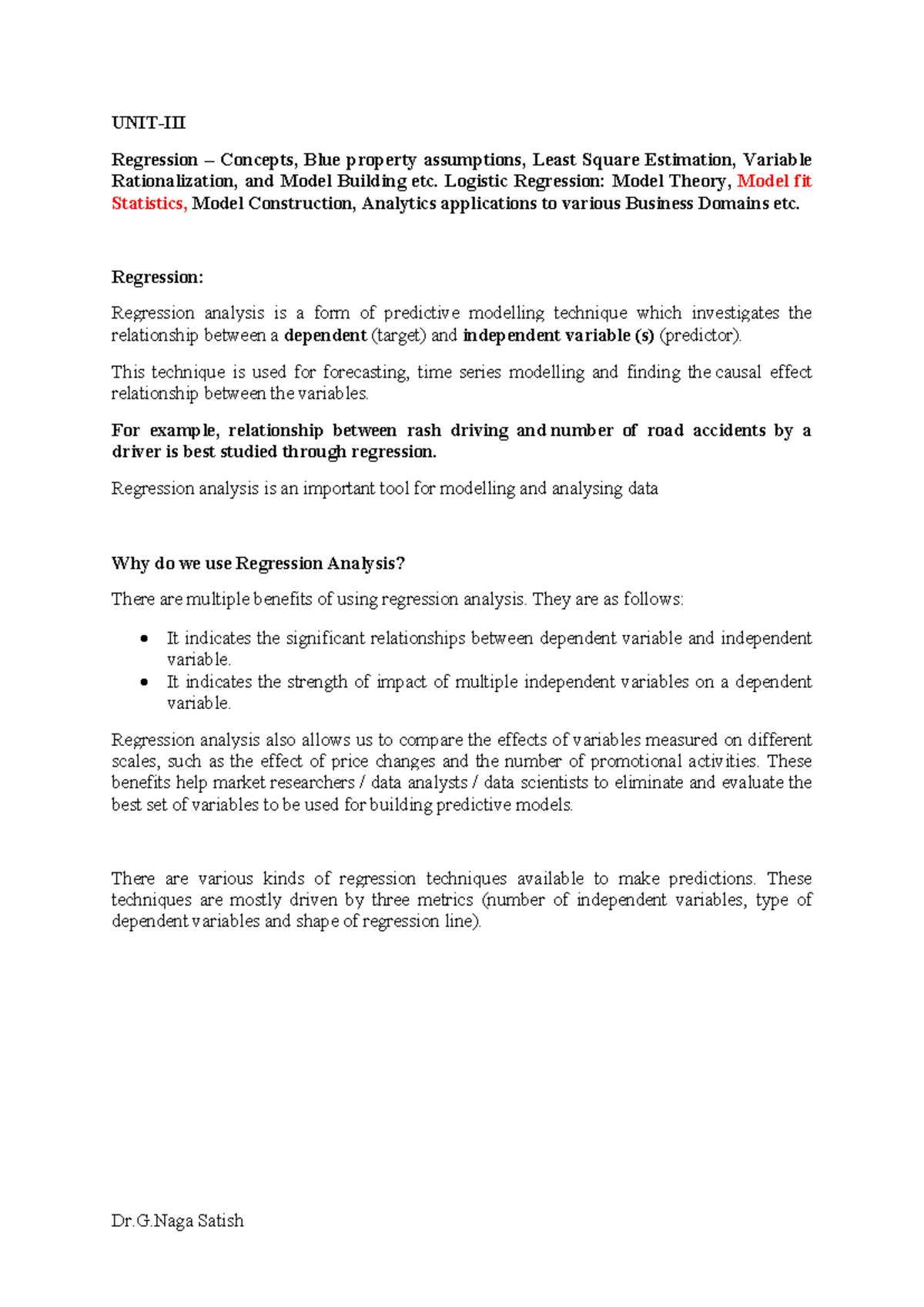 DATA Analytics-UNIT-III - UNIT-III Regression – Concepts, Blue property ...