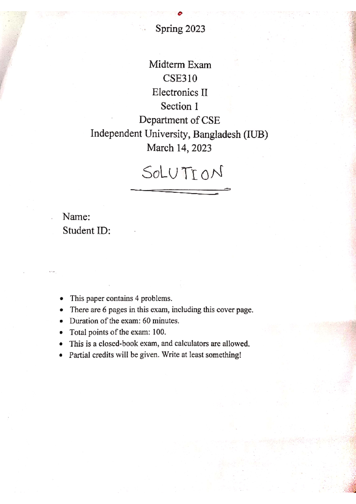CSE310 1 FZ S23 midterm exam Solution - Electronics I - Studocu