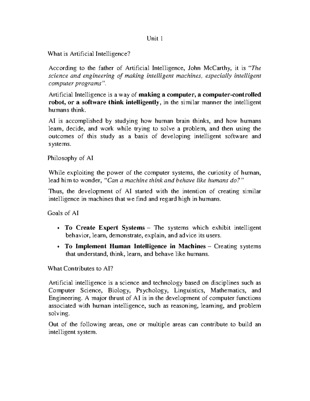 View Pdf - artificial - Unit 1 What is Artificial Intelligence? According to the father of - Studocu