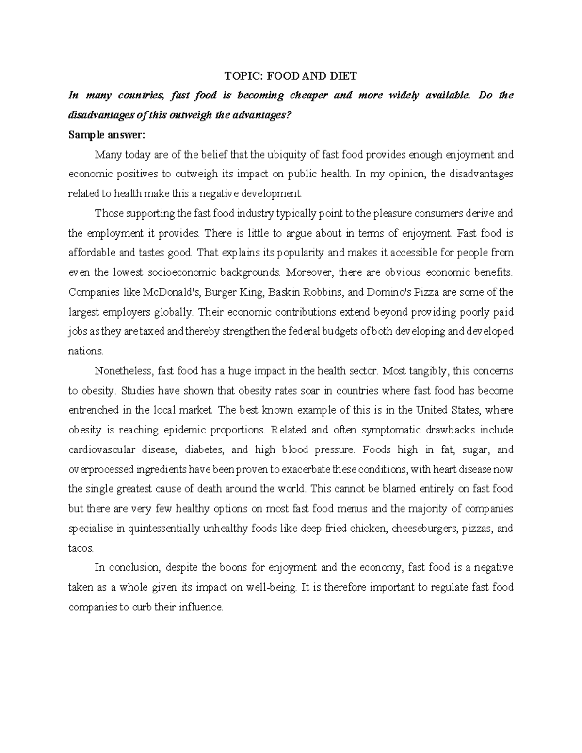 Writing- Sample- Answers - TOPIC: FOOD AND DIET In many countries, fast ...