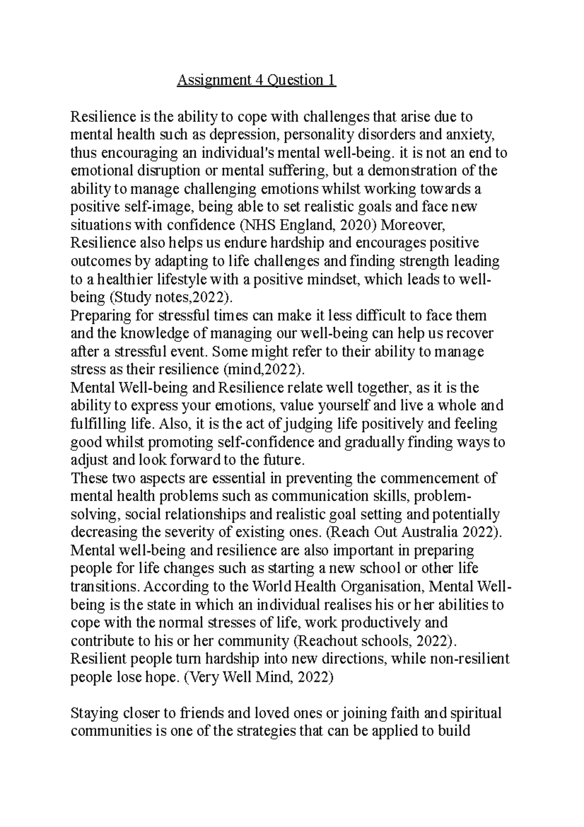 Question 1 Health and well-being - Assignment 4 Question 1 Resilience ...