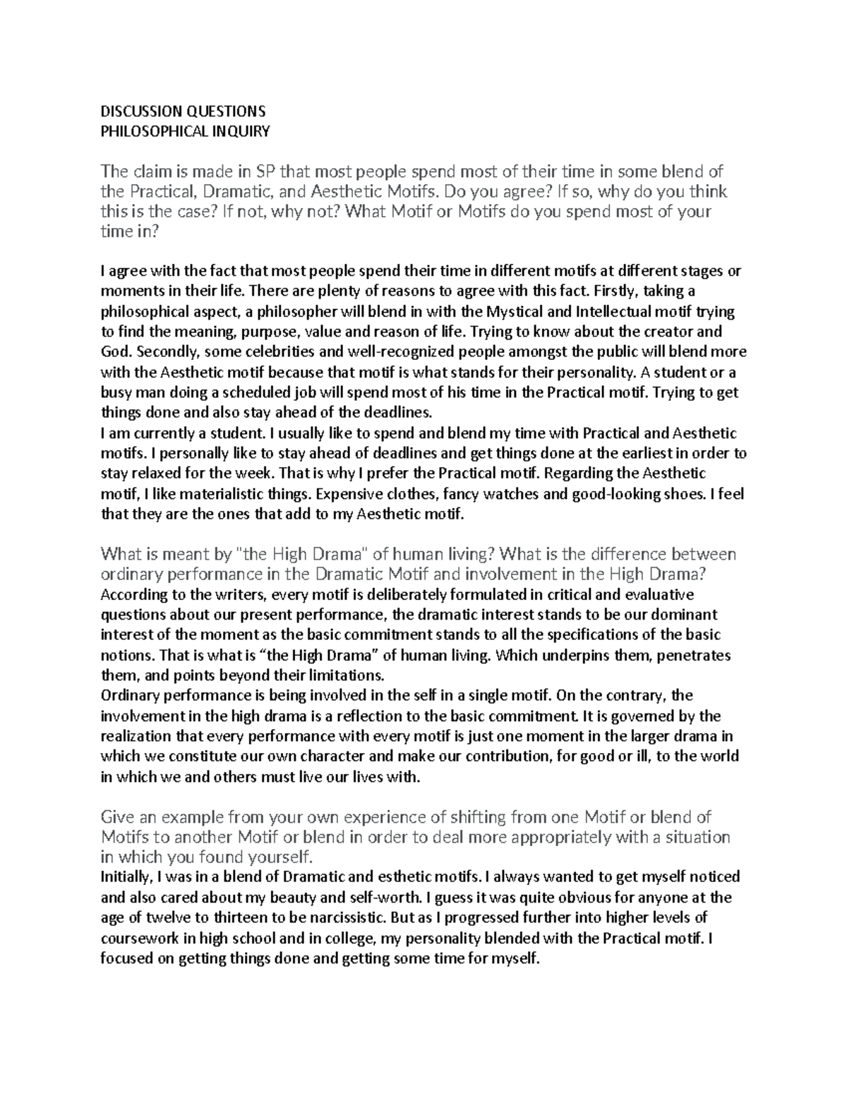 Discussion Question - Motifs - DISCUSSION QUESTIONS PHILOSOPHICAL ...
