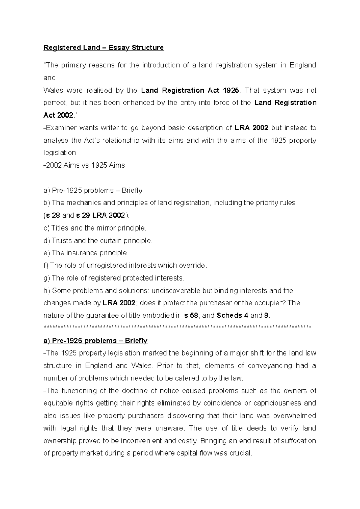 Reg Land Brief Essay Structure - Registered Land – Essay Structure “The ...