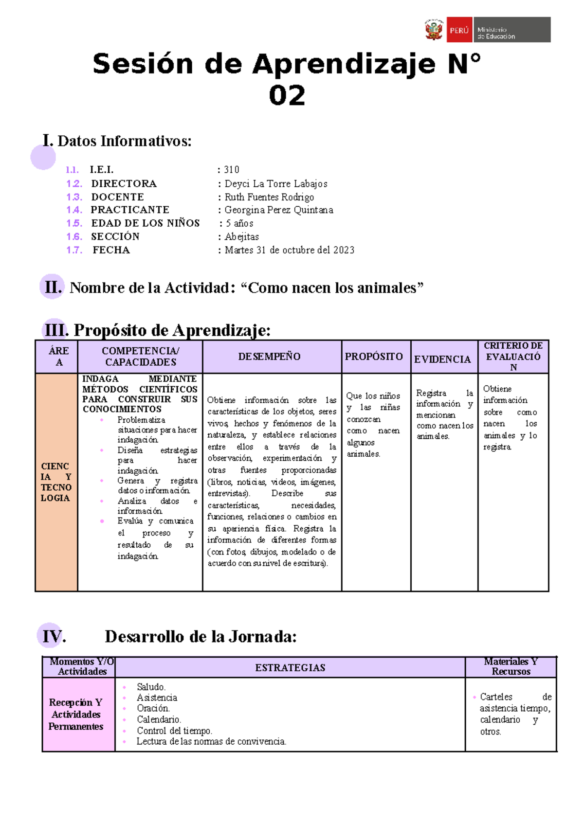 Como nacen los animales - Sesión de Aprendizaje N° 02 I. Datos Informativos: 1. I.E. : 310 1 ...