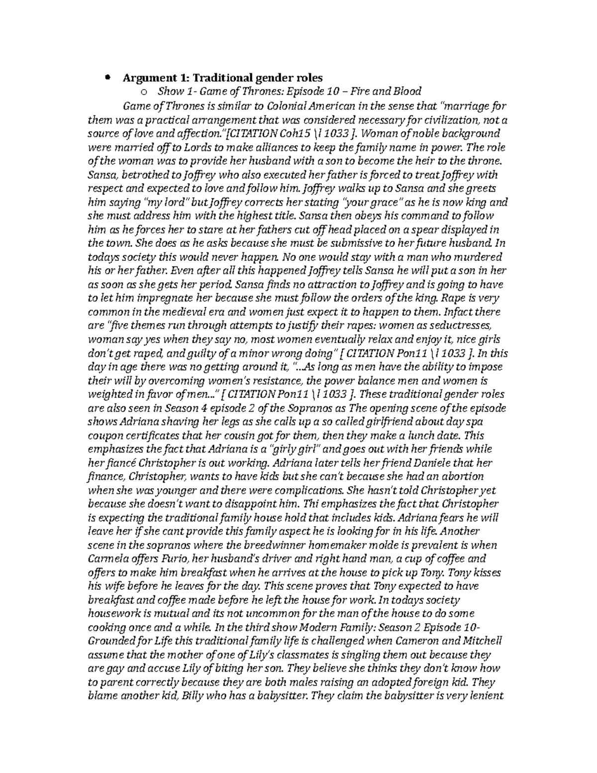 Body 1 - Grade: A - Argument 1: Traditional gender roles o Show 1- Game ...