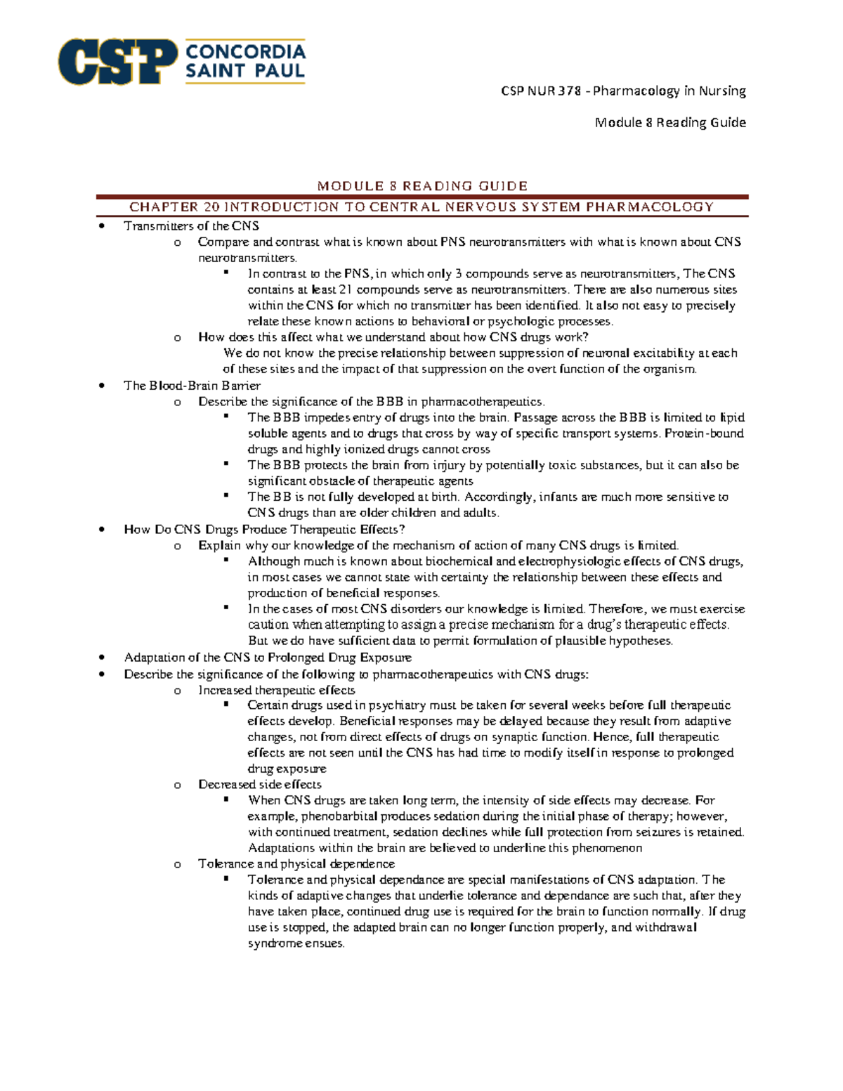 Pharm module 8 reading guide (CNS drugs) - Module 8 Reading Guide M O D ...