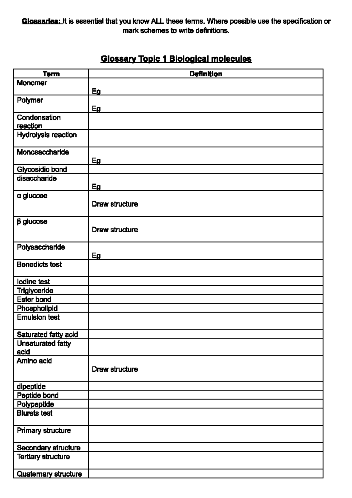 Biology topic 1 glossary - 5B11BTC - Studocu