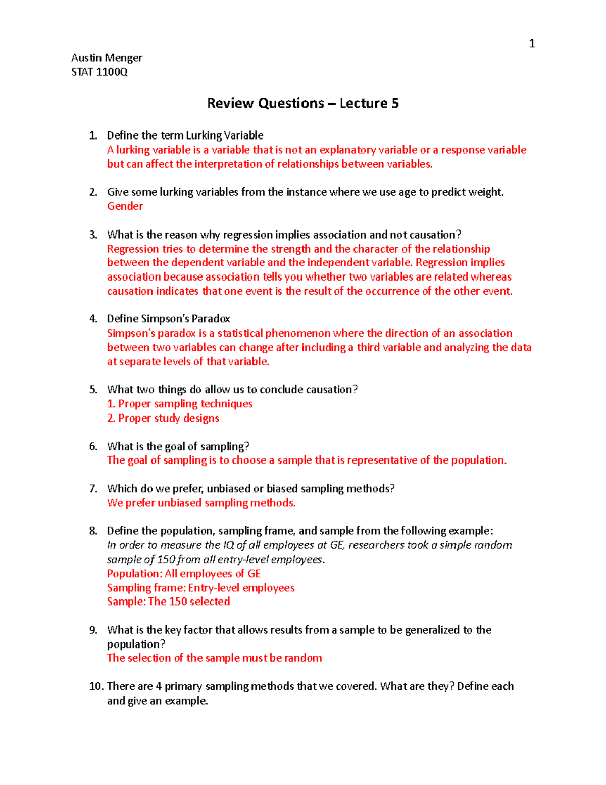 Lecture 5 Review Questions - Stat 1100Q - 1 Austin Menger STAT 1100Q Review Questions–Lecture 5 ...