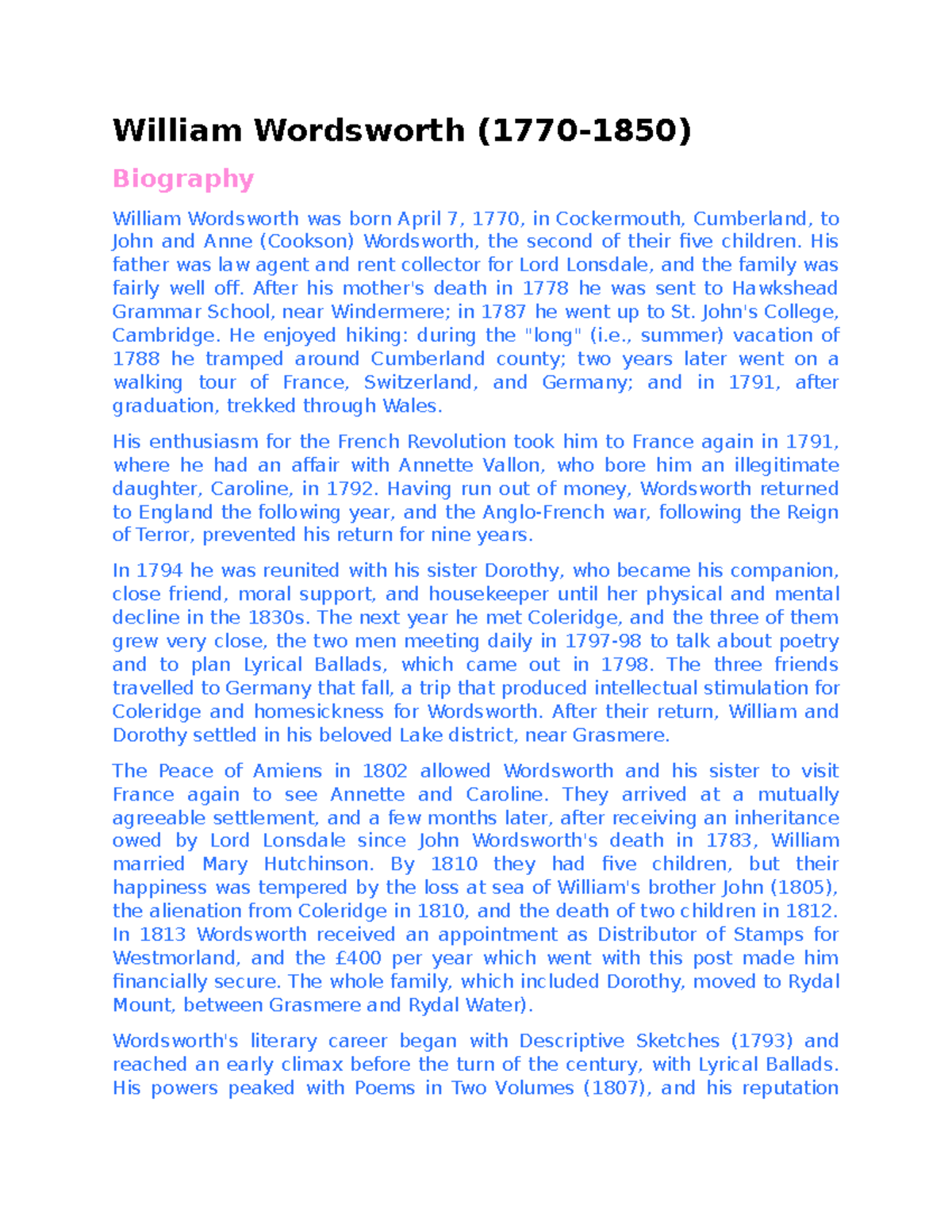 Lit Inglesa II - 2. William Wordsworth - Biography and Analysis ...