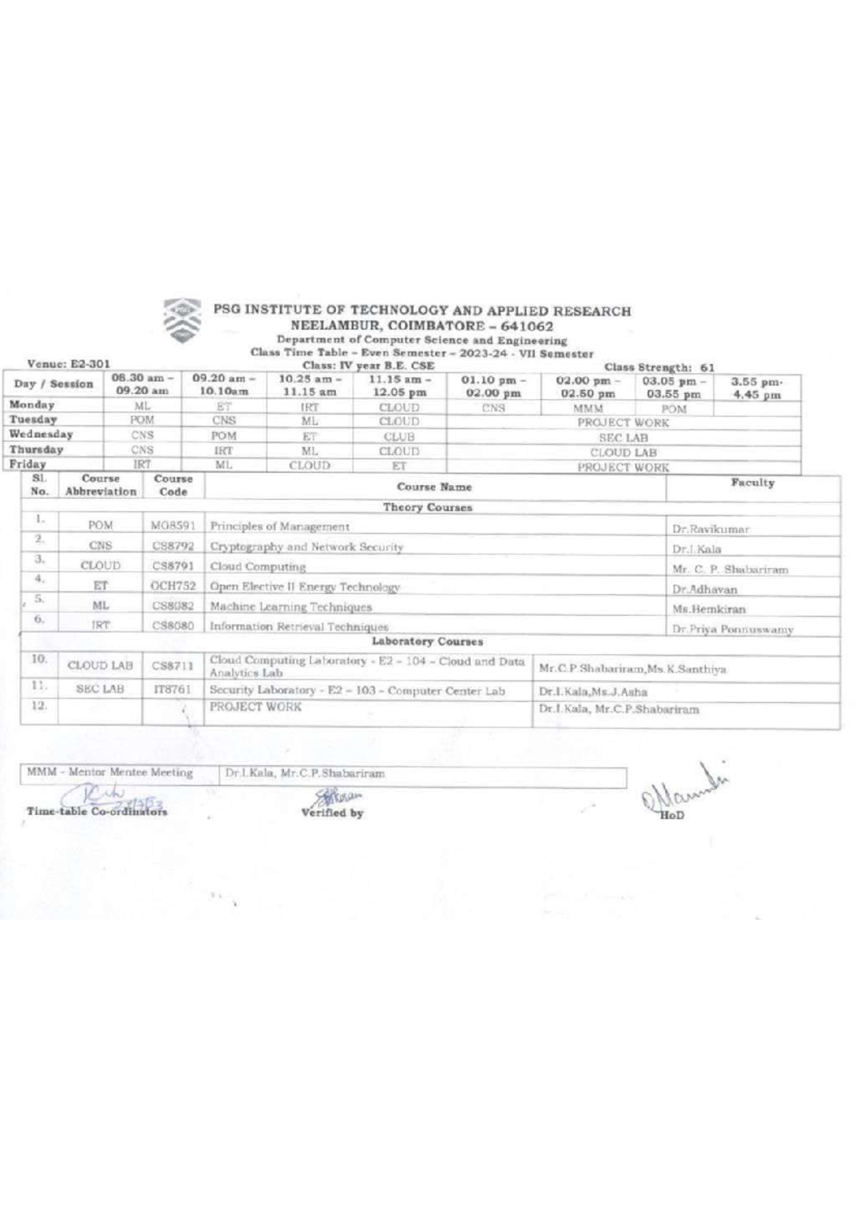 time table 2020-2024 - Computer Science and Engineering - Studocu