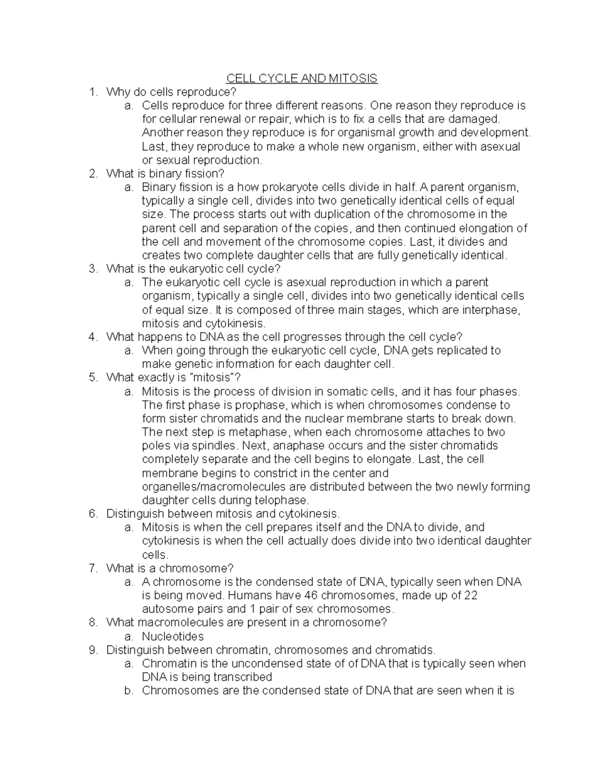 UNIT 4 Study Questions - CELL CYCLE AND MITOSIS Why do cells reproduce ...