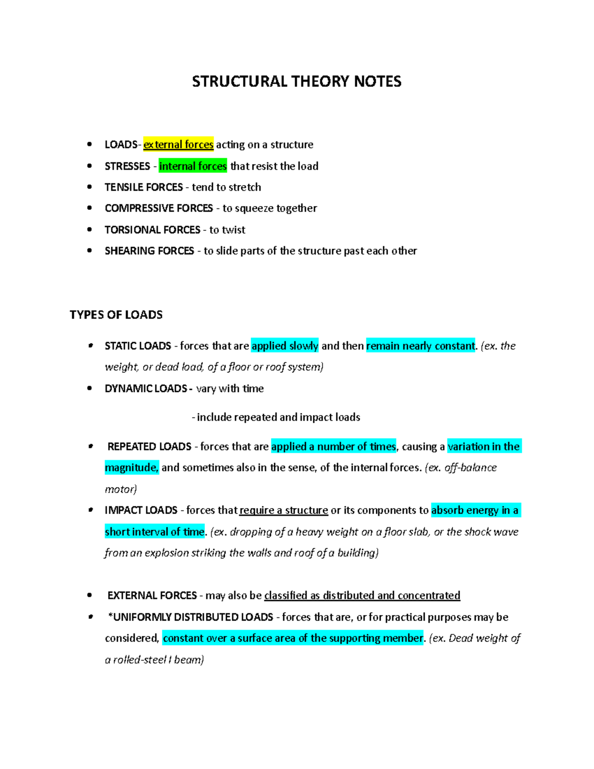 Structural Theory Notes - STRUCTURAL THEORY NOTES LOADS- external ...