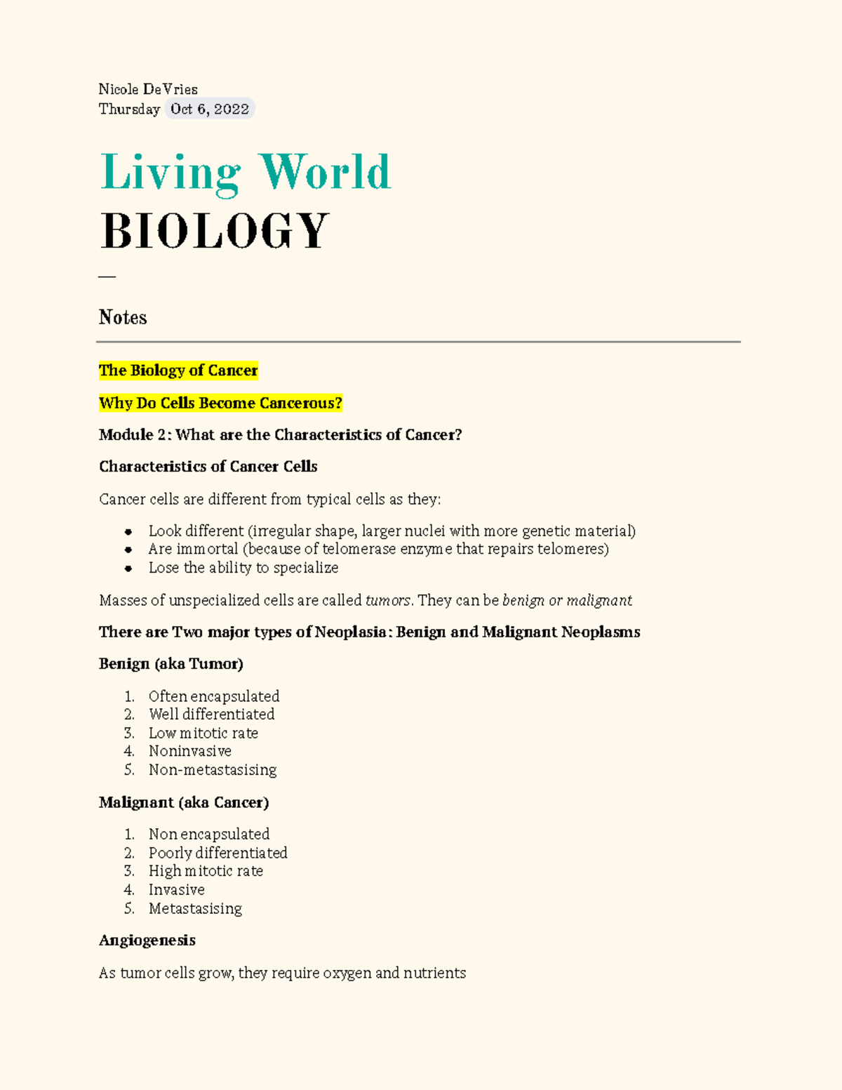 Unit 3 Module 2 - Nicole DeVries Thursday Oct 6, 2022 Living World ...