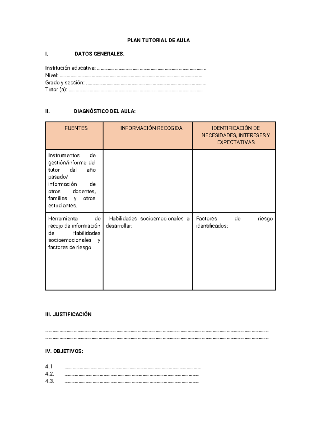 PLAN Tutorial DE AULA VII Ciclo - PLAN TUTORIAL DE AULA I. DATOS GENERALES: Institución ...