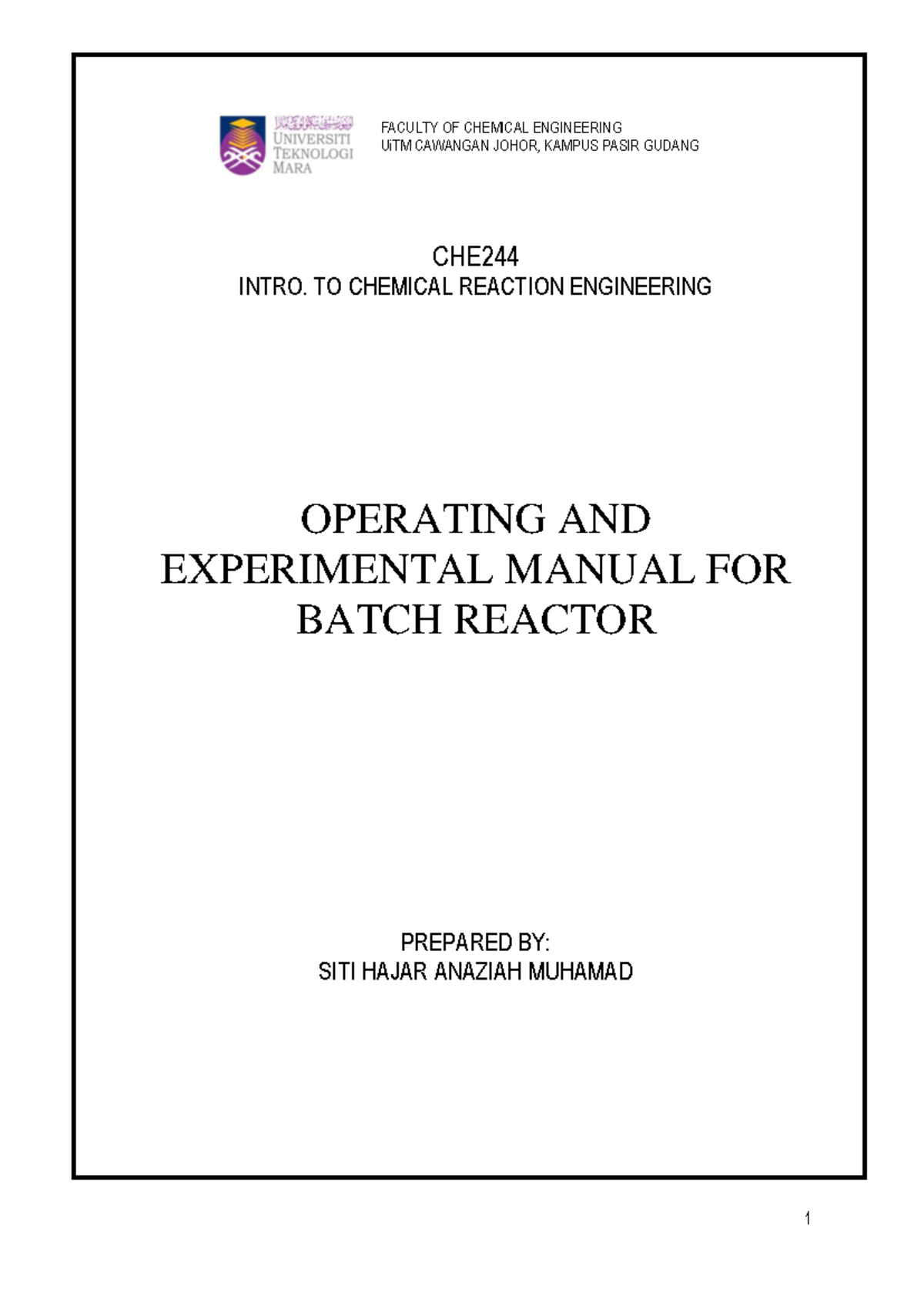 Manual Experiment for Batch Reactor (CSTR) 2024 - CHE INTRO. TO ...