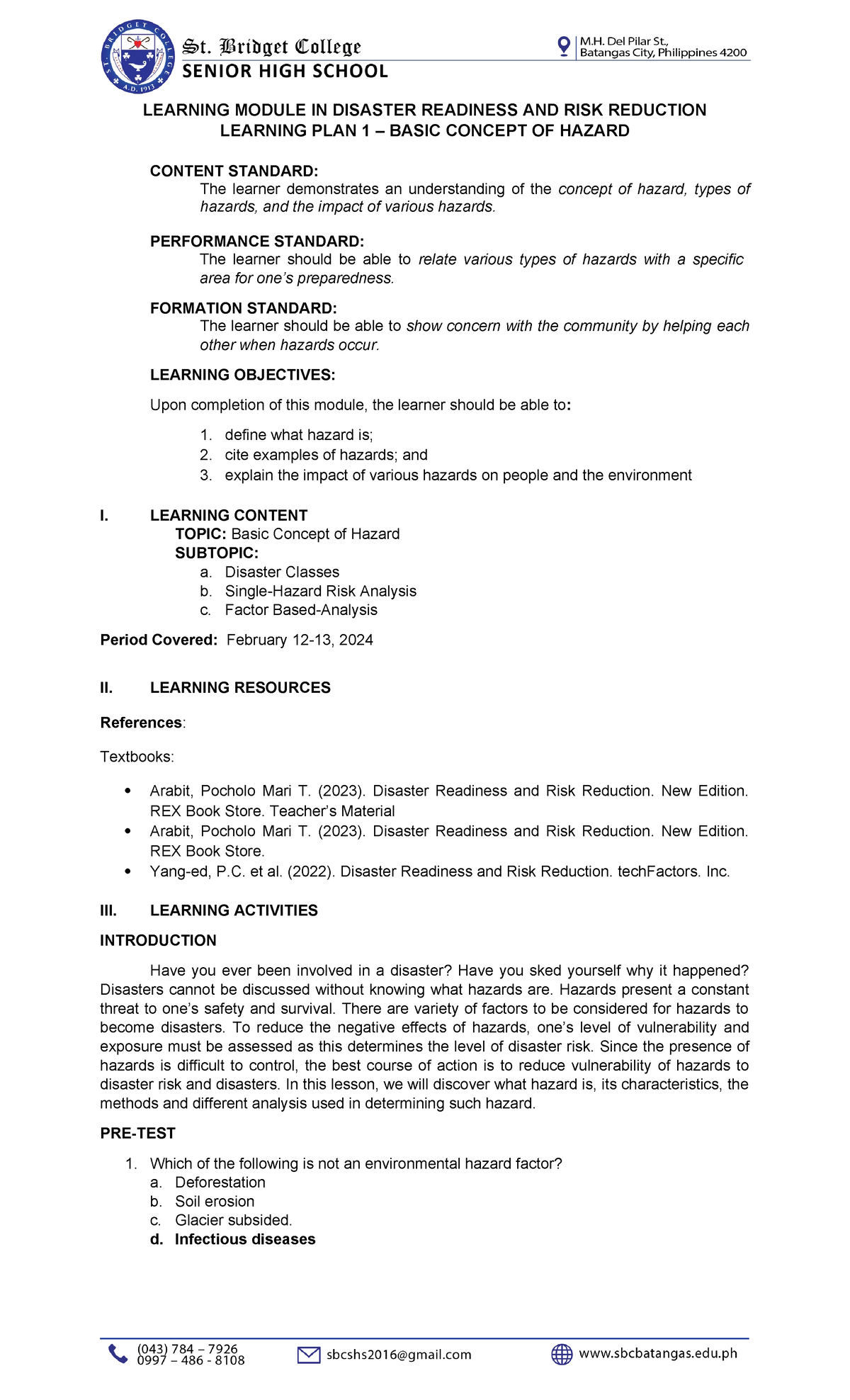 1. LP IN DRRR - edited - LEARNING MODULE IN DISASTER READINESS AND RISK ...