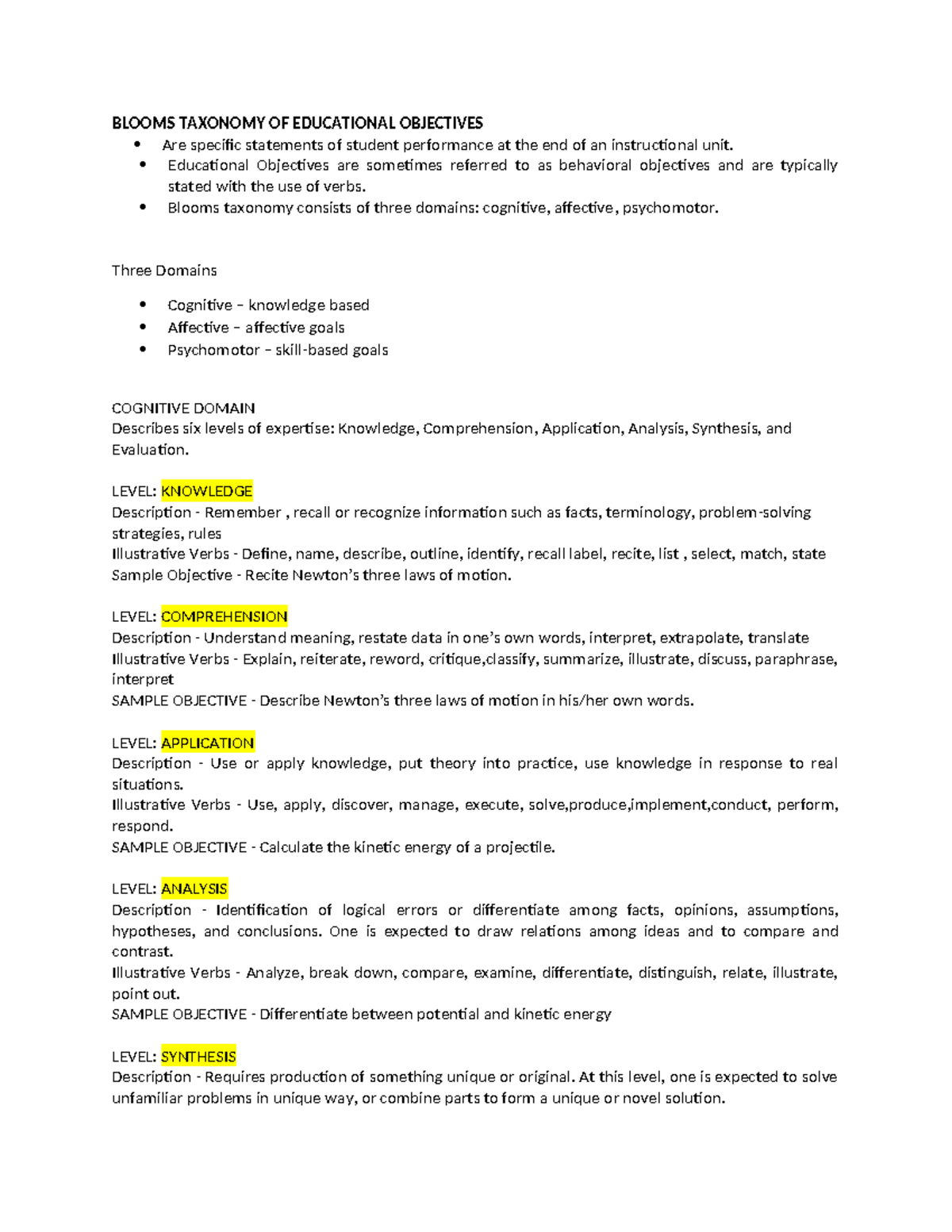 Blooms Taxonomy OF Educational Objectives - BLOOMS TAXONOMY OF ...