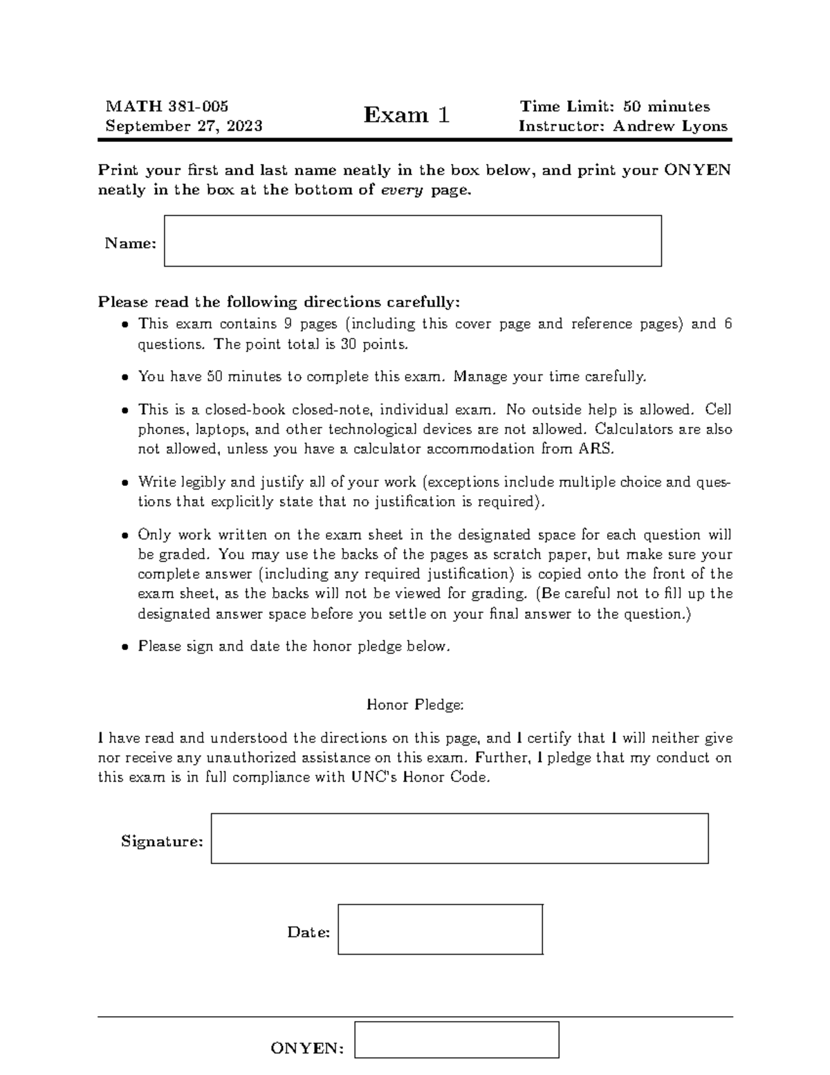 Math 381 Exam 1 - Practice Exam - MATH 381- Exam 1 Time Limit: 50 ...
