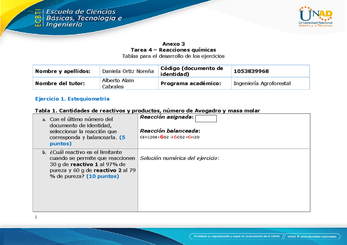 Anexo 3 (Autoguardado)este es - Anexo 3 Tarea 4 – Reacciones químicas Tablas para el desarrollo ...