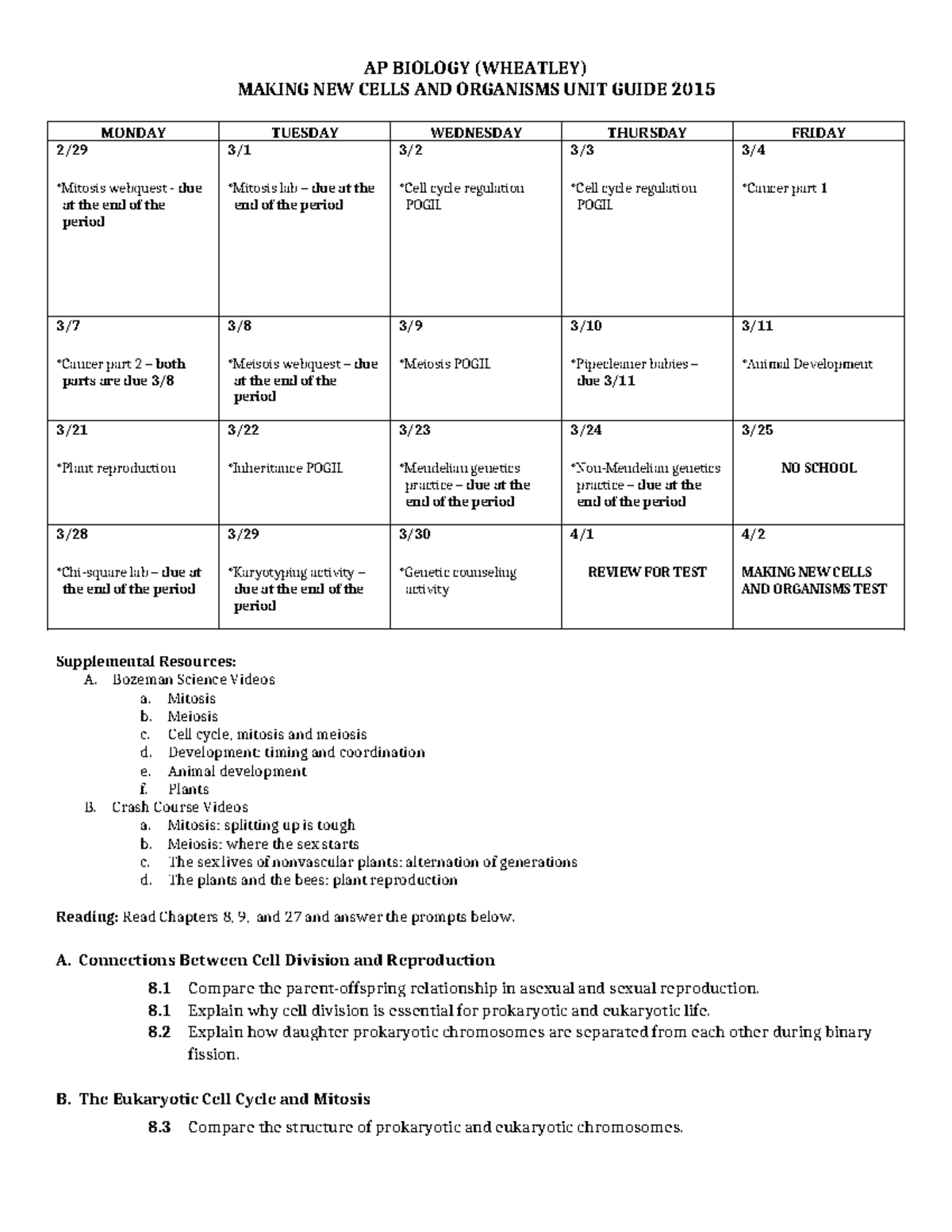 Making new cells and organisms unit guide - AP BIOLOGY (WHEATLEY ...