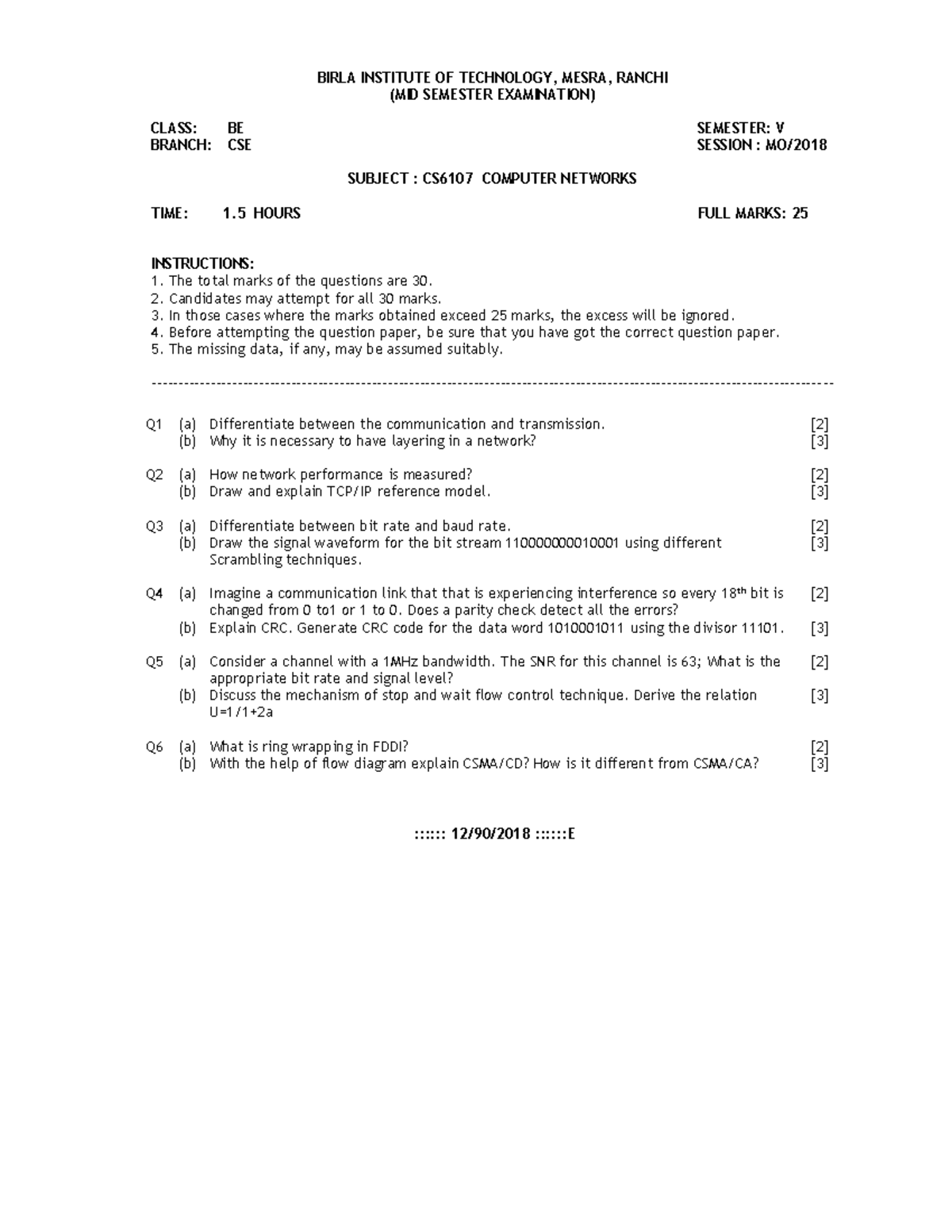 CS6107 Computer Networks (MID MO18) - BIRLA INSTITUTE OF TECHNOLOGY, MESRA, RANCHI (MID SEMESTER ...