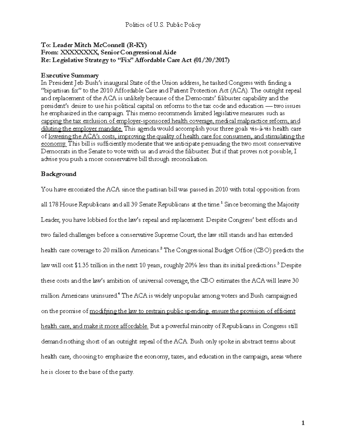 Sample Memo from Course - Politics of U. Public Policy To: Leader Mitch ...