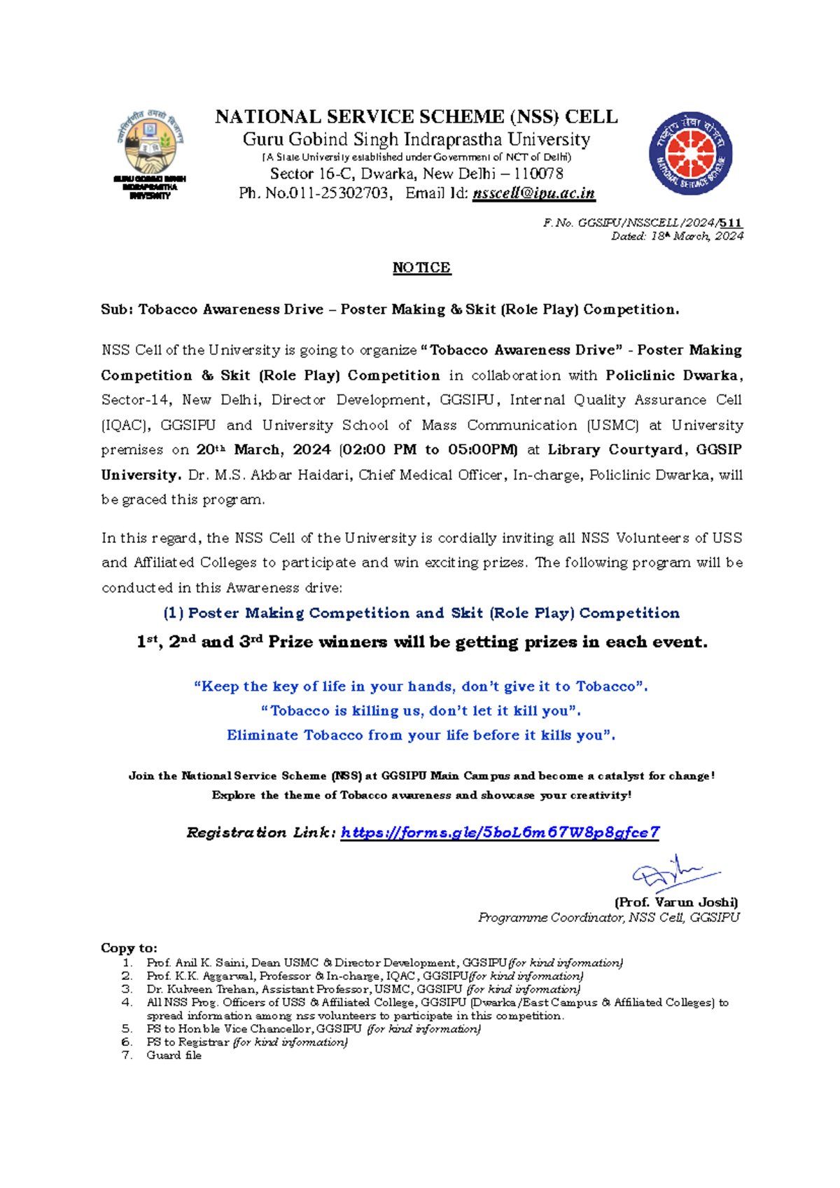 Notice - Tobacco Awareness Drive – Poster Making & Skit (Role Play ...