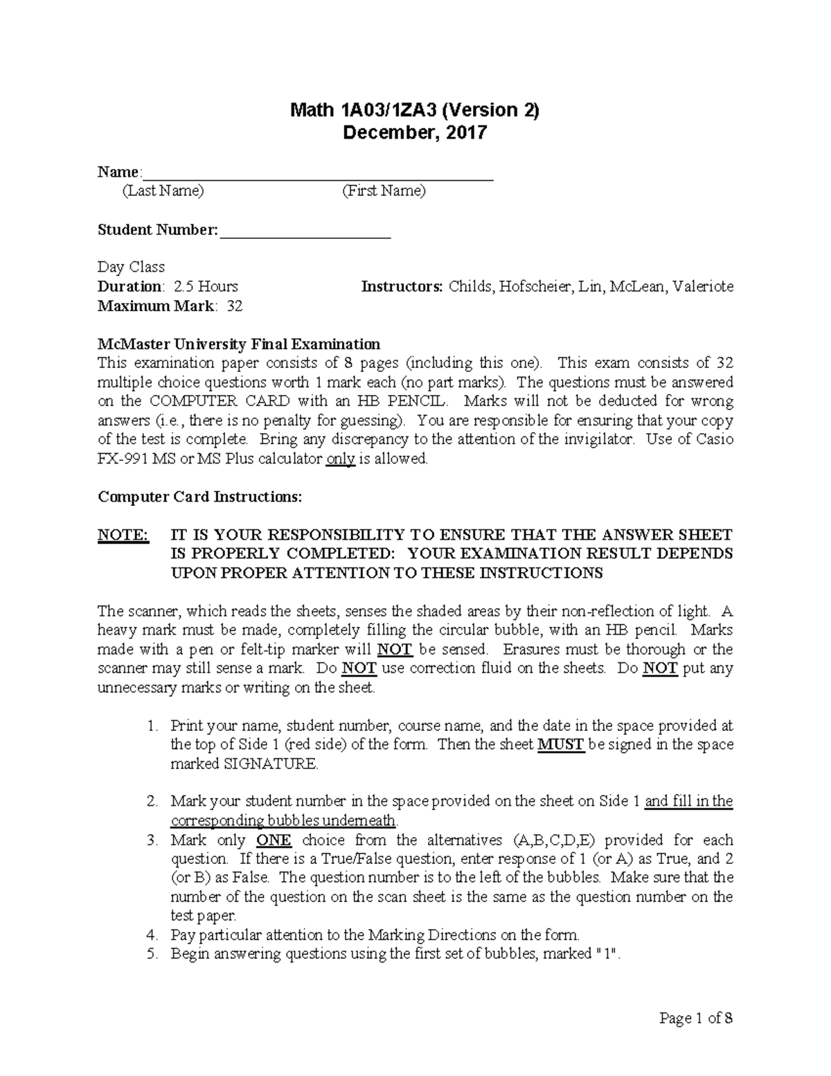 MATH 1A03 1ZA3 2017 Exam - Math 1A03/1ZA3 (Version 2) December, 2017 ...