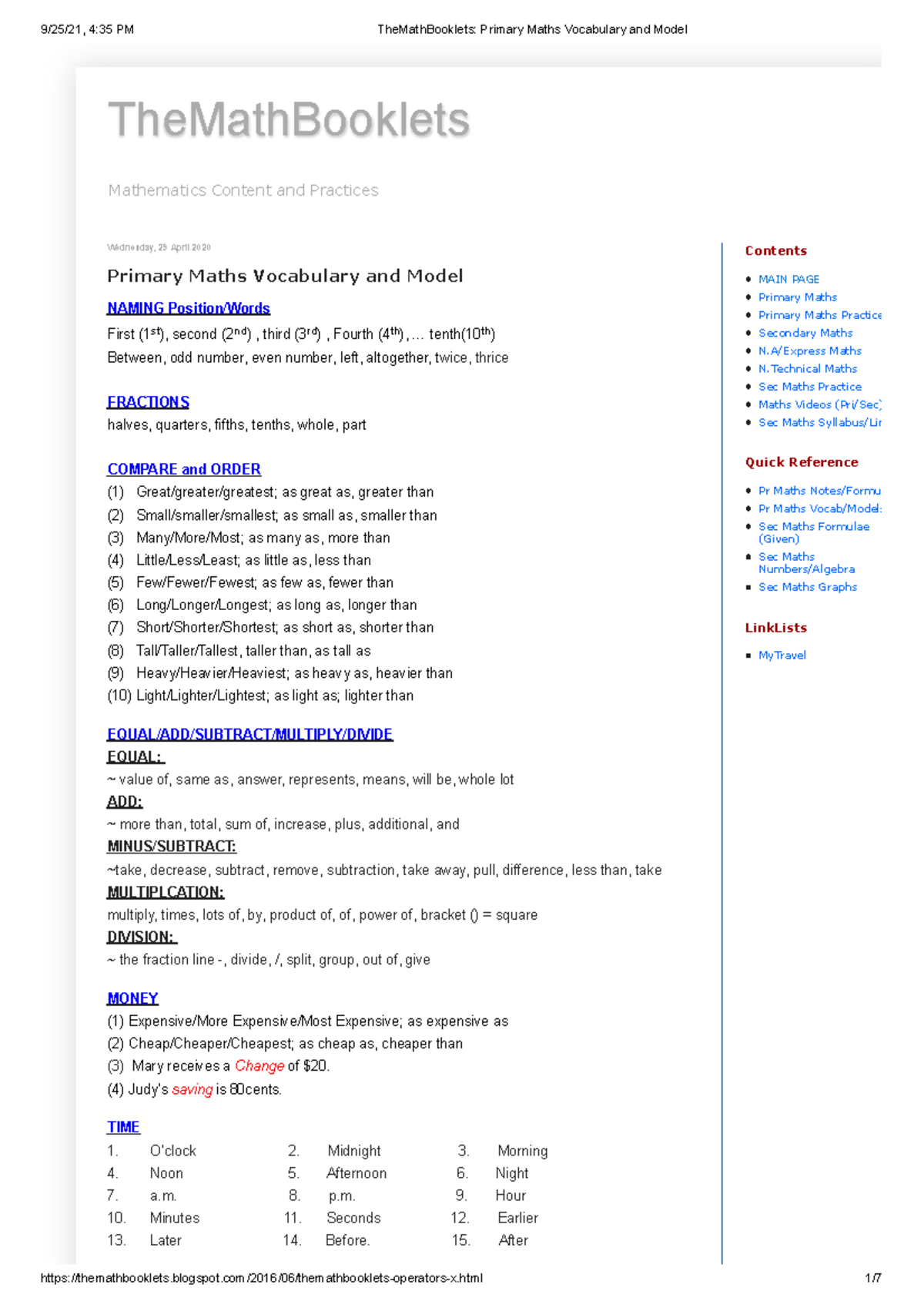 The Math Booklets Primary Maths Vocabulary and Model - Mathematics ...