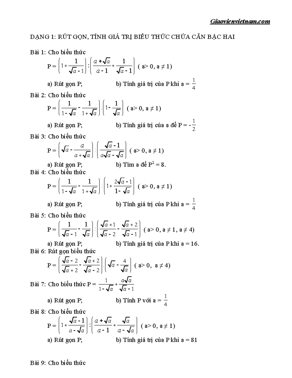 BAI TAP RUT GON BIEU THUC CO CHUA CAN THUC ON THI VAO 10 - DẠNG 1: RÚT GỌN, TÍNH GIÁ TRỊ BIỂU ...