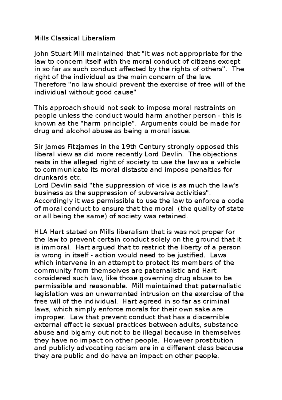 Mills Classical Liberalism - The right of the individual as the main ...