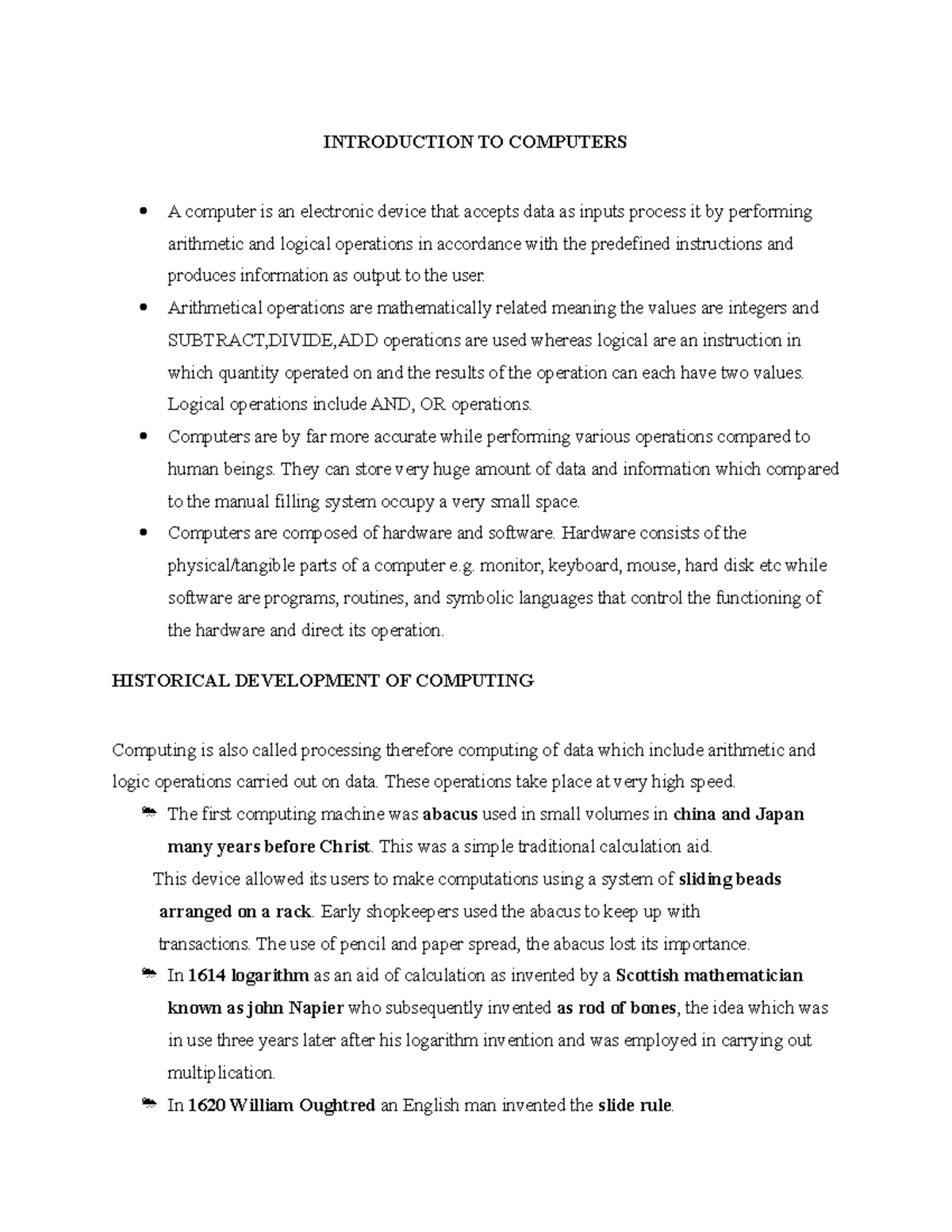Chapter 1- Introduction TO Computers - INTRODUCTION TO COMPUTERS A computer is an electronic ...
