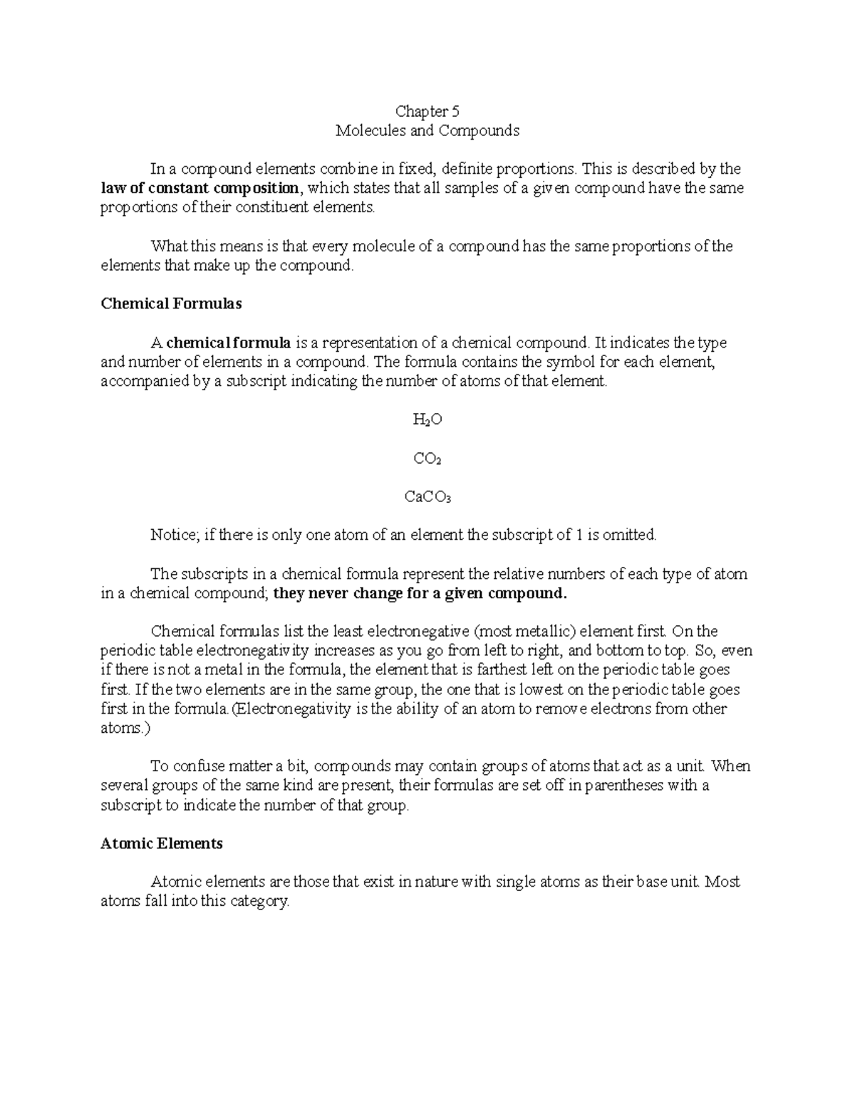 CHP 5 CHEM - lecture notes - Chapter 5 Molecules and Compounds In a ...