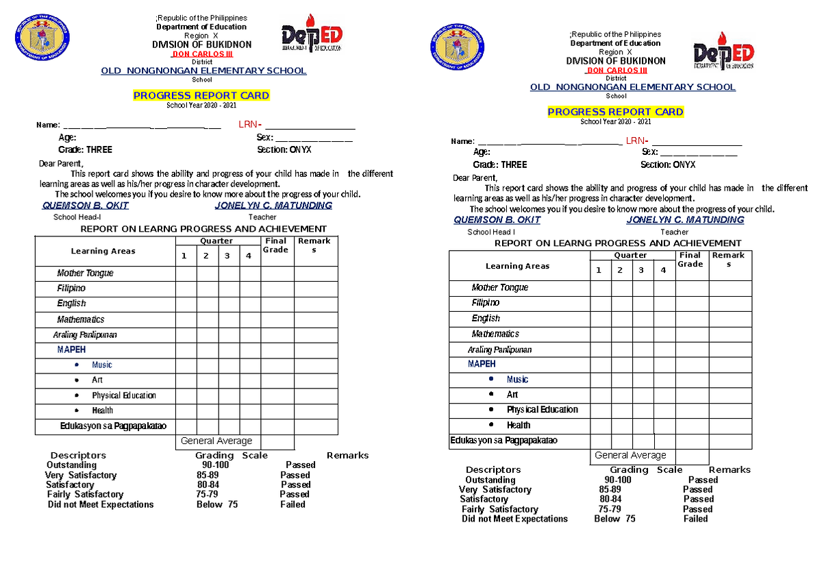 Grade 1-6 SCH Report CARD Final 2014-15 - ;Republic of the Philippines ...