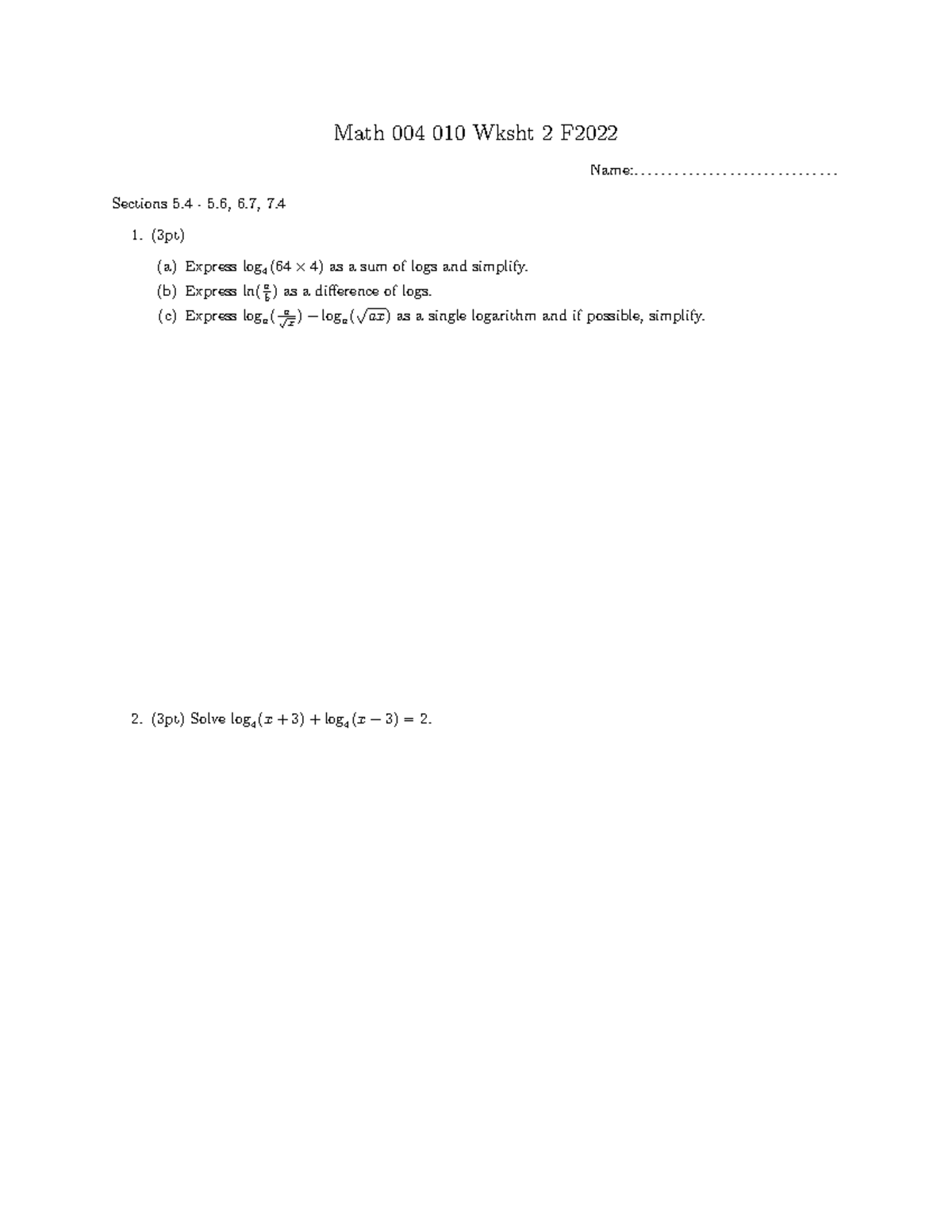 Worksheet 2 Math 4 Fall 2022 - Math 004 010 Wksht 2 F Name ...