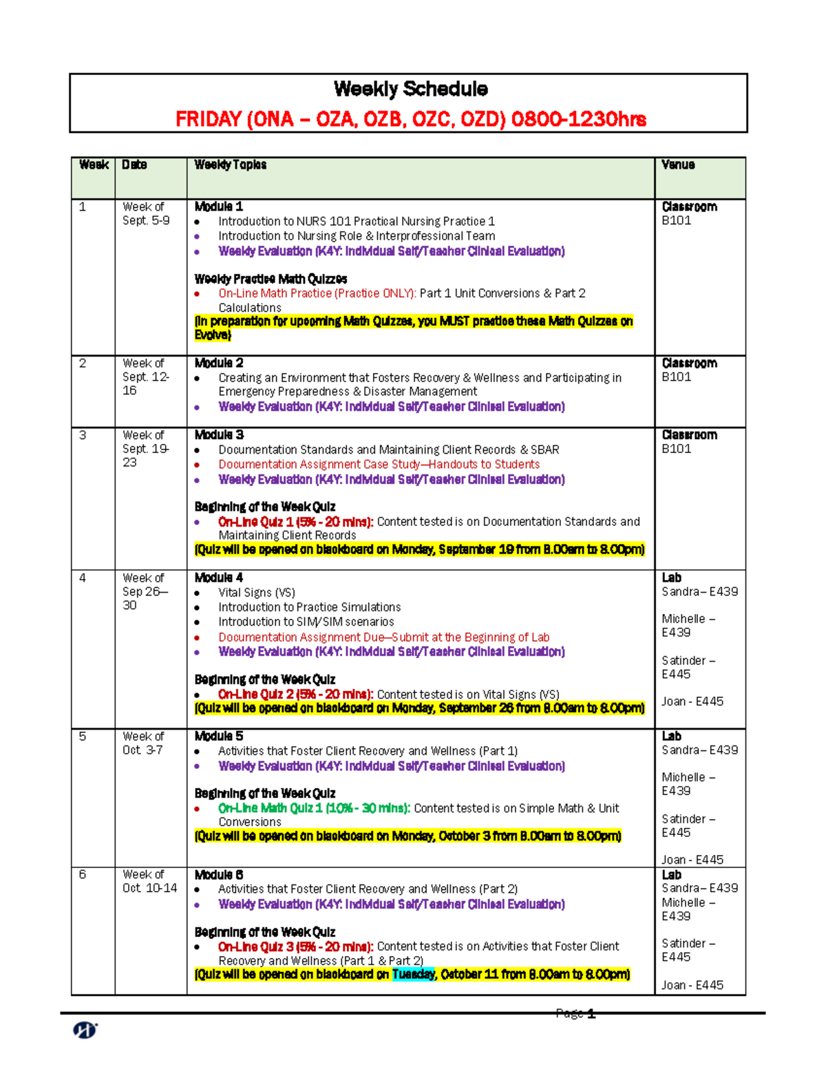 NURS101 - Weekly Schedule- FRI-AM Group 2022 - Page 1 Weekly Schedule ...