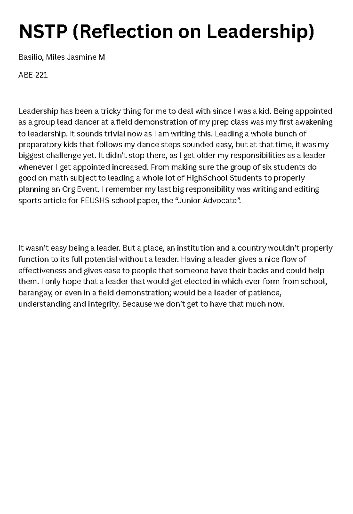 NSTP Leadership Essay - NSTP (Reflection on Leadership) Basilio, Miles ...