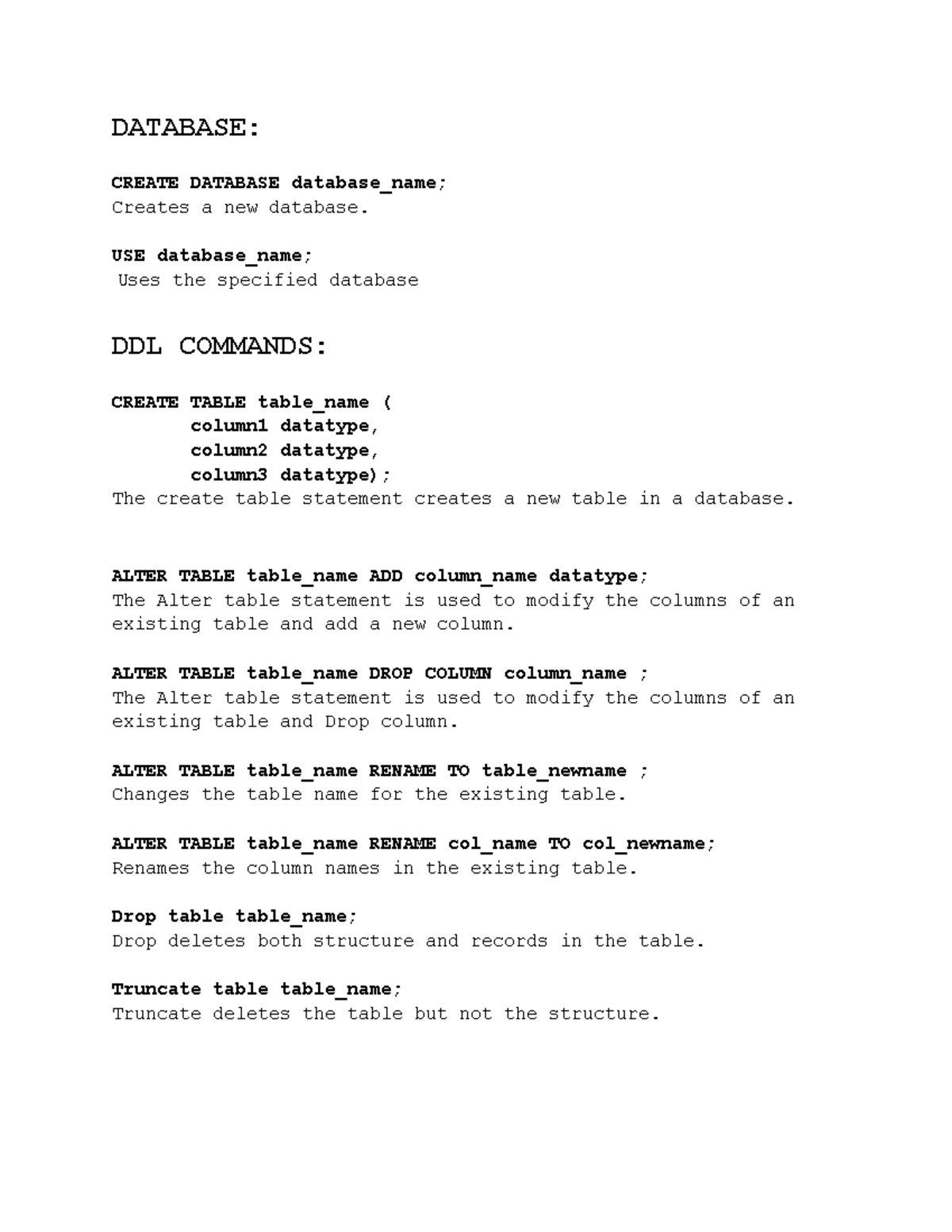 SQL Cheat Sheet 1 - Yo Yo Ma - DATABASE: CREATE DATABASE database_name ...