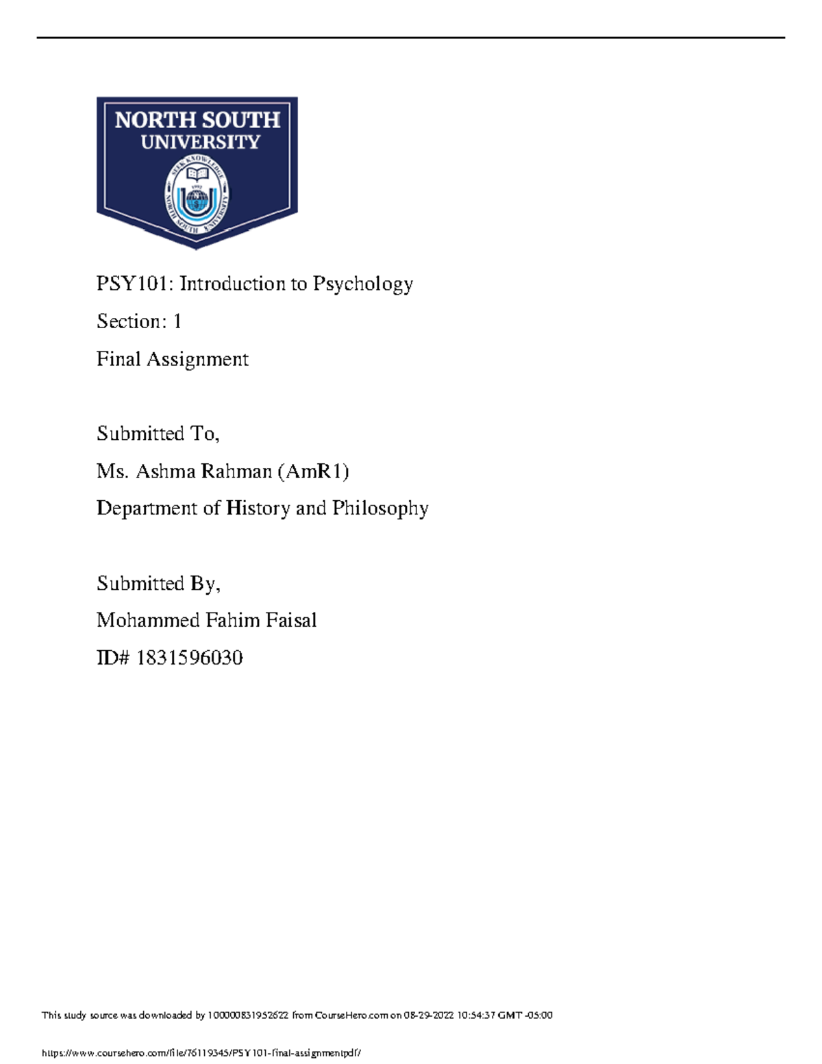 PSY101 final assignment.pdf - PSY101: Introduction to Psychology Section: 1 Final Assignment ...